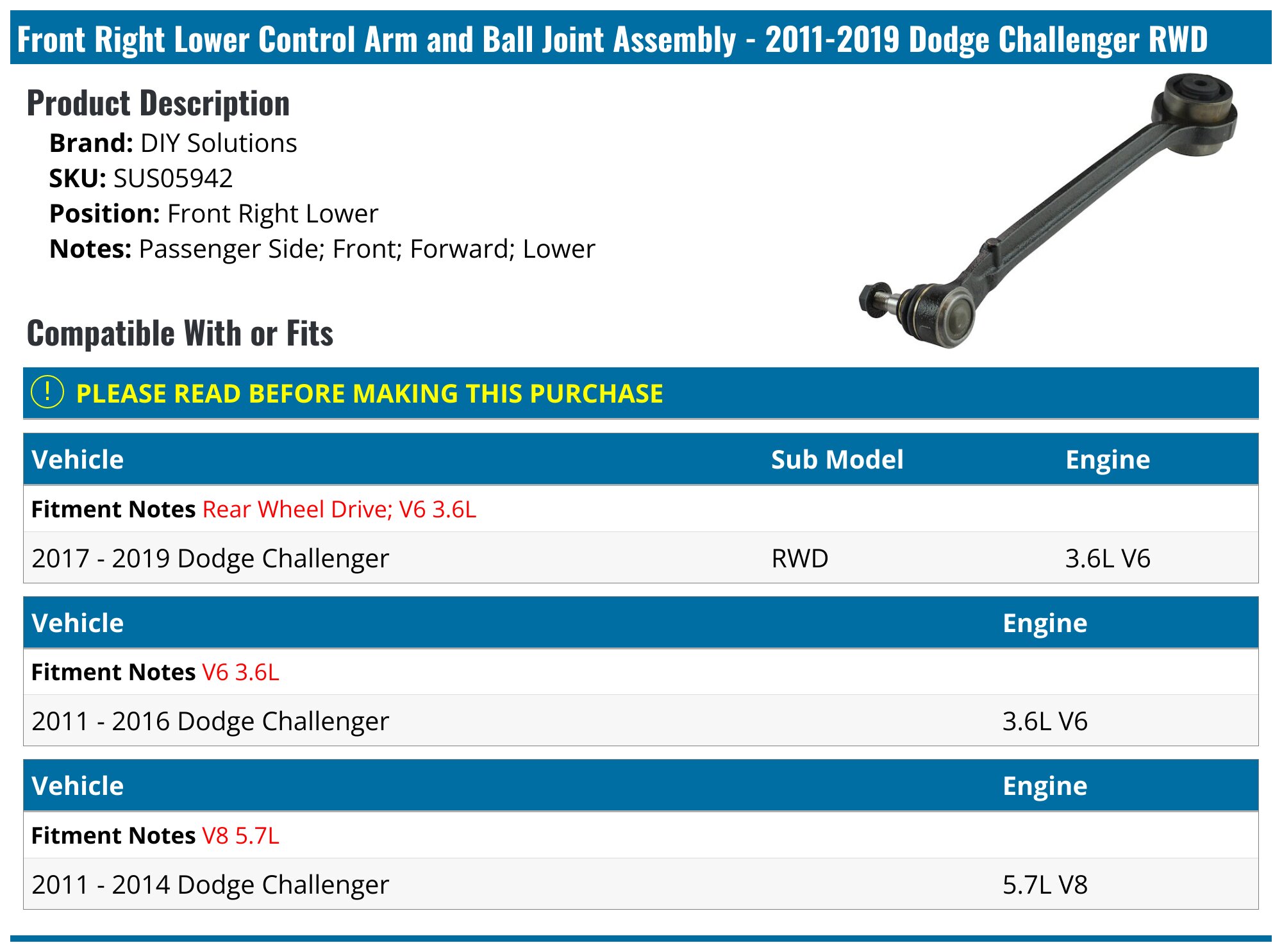 2011-2019 Dodge Challenger Control Arm - DIY Solutions SUS05942 - Front ...