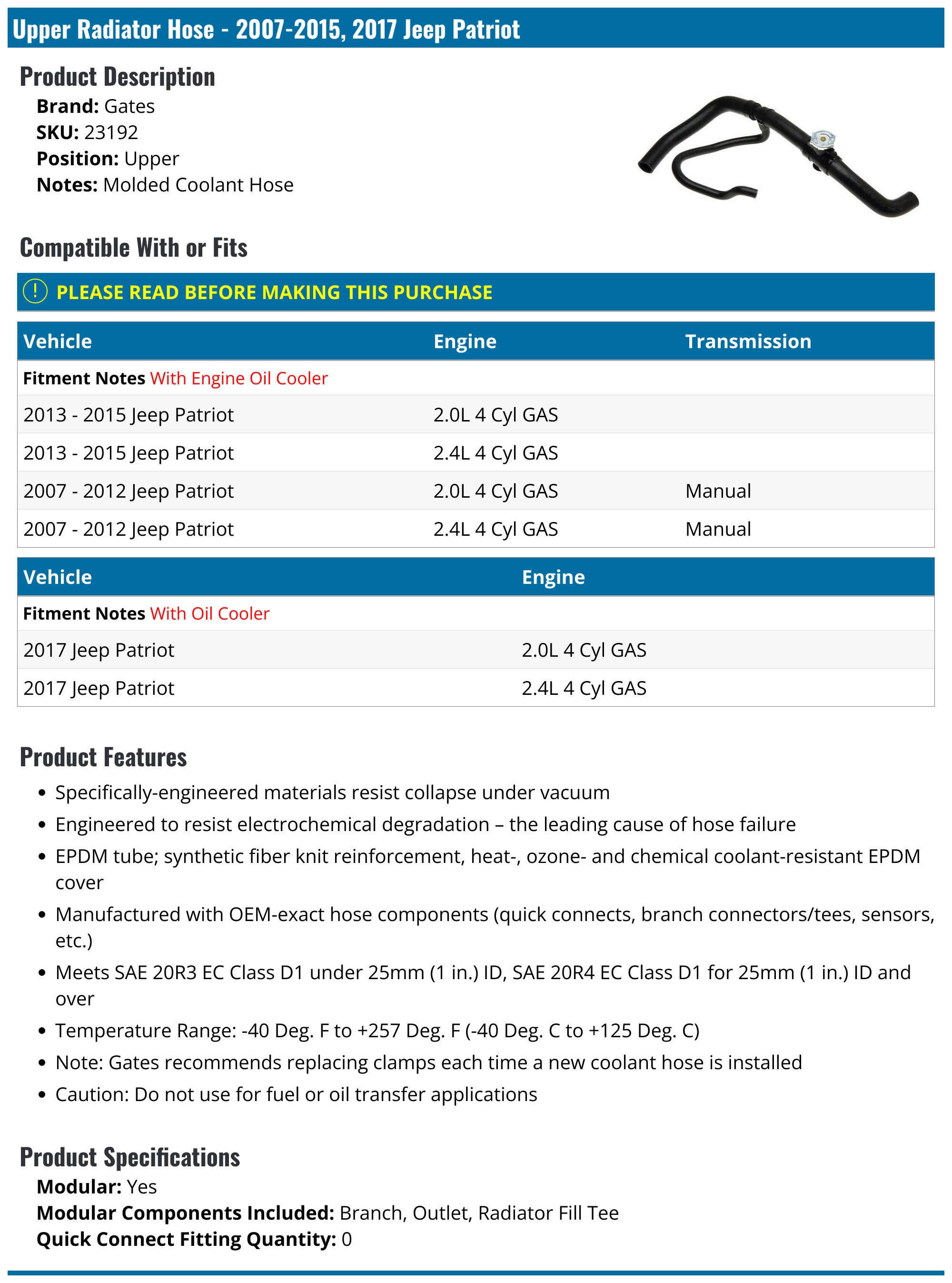 2007-2017 Jeep Patriot Radiator Hose - Gates 23192 - Upper - PartsGeek.com