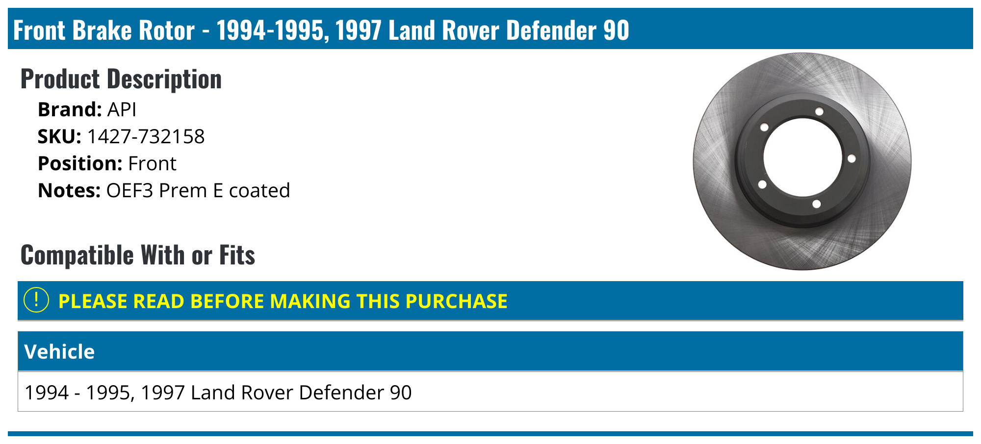 1994-1995, 1997 Land Rover Defender 90 Brake Rotor - API 270-02196487 ...
