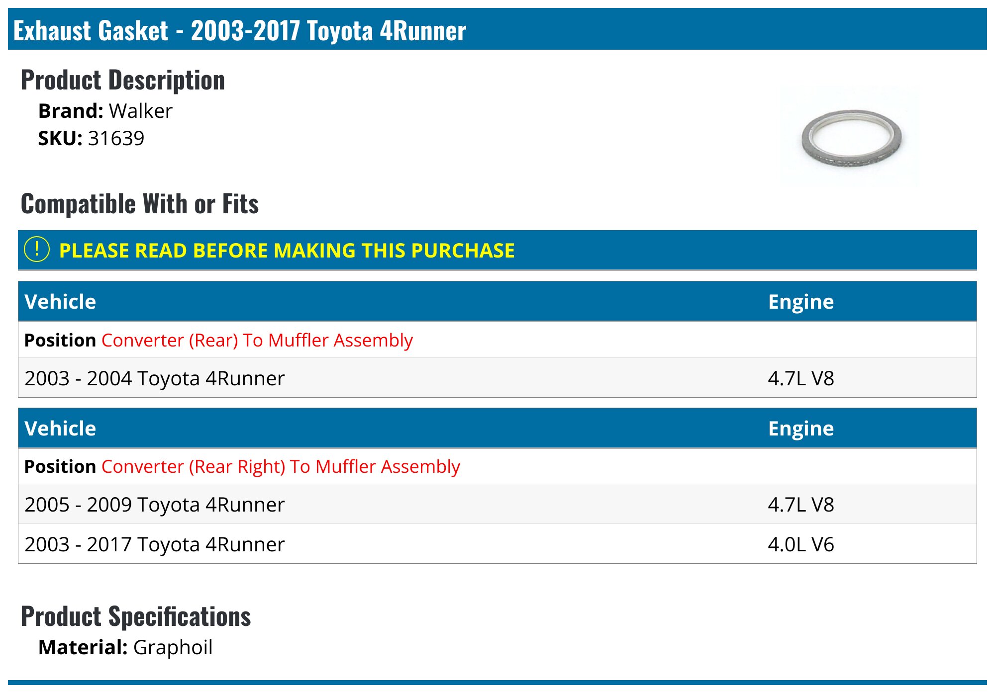 2003-2023 Toyota 4Runner Exhaust Gasket - Walker 31639 - Converter ...