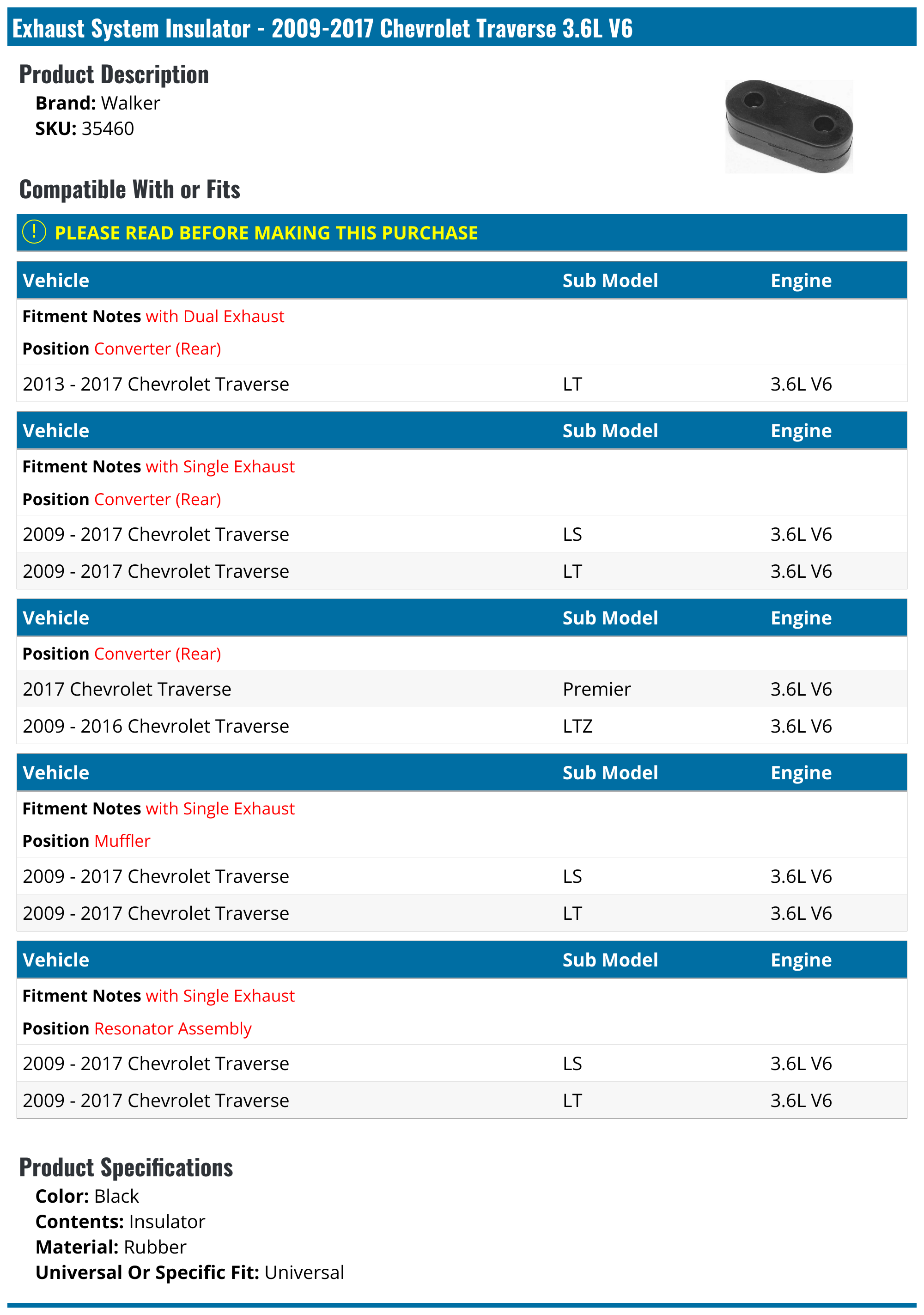 2009-2023 Chevrolet Traverse Exhaust System Insulator - Walker 35460 ...