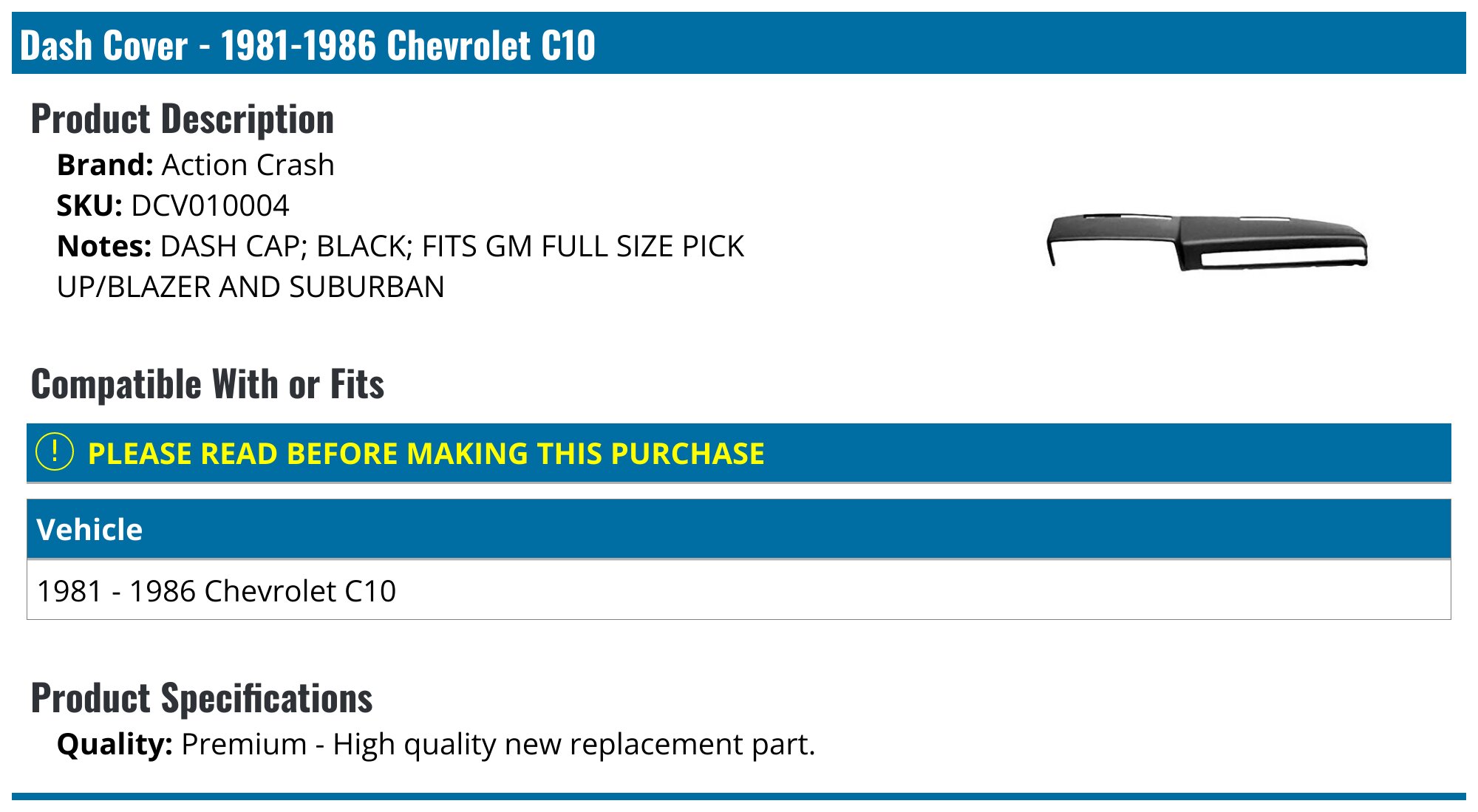 1981-1986 Chevrolet C10 Dash Cover - Action Crash DCV010004 ...