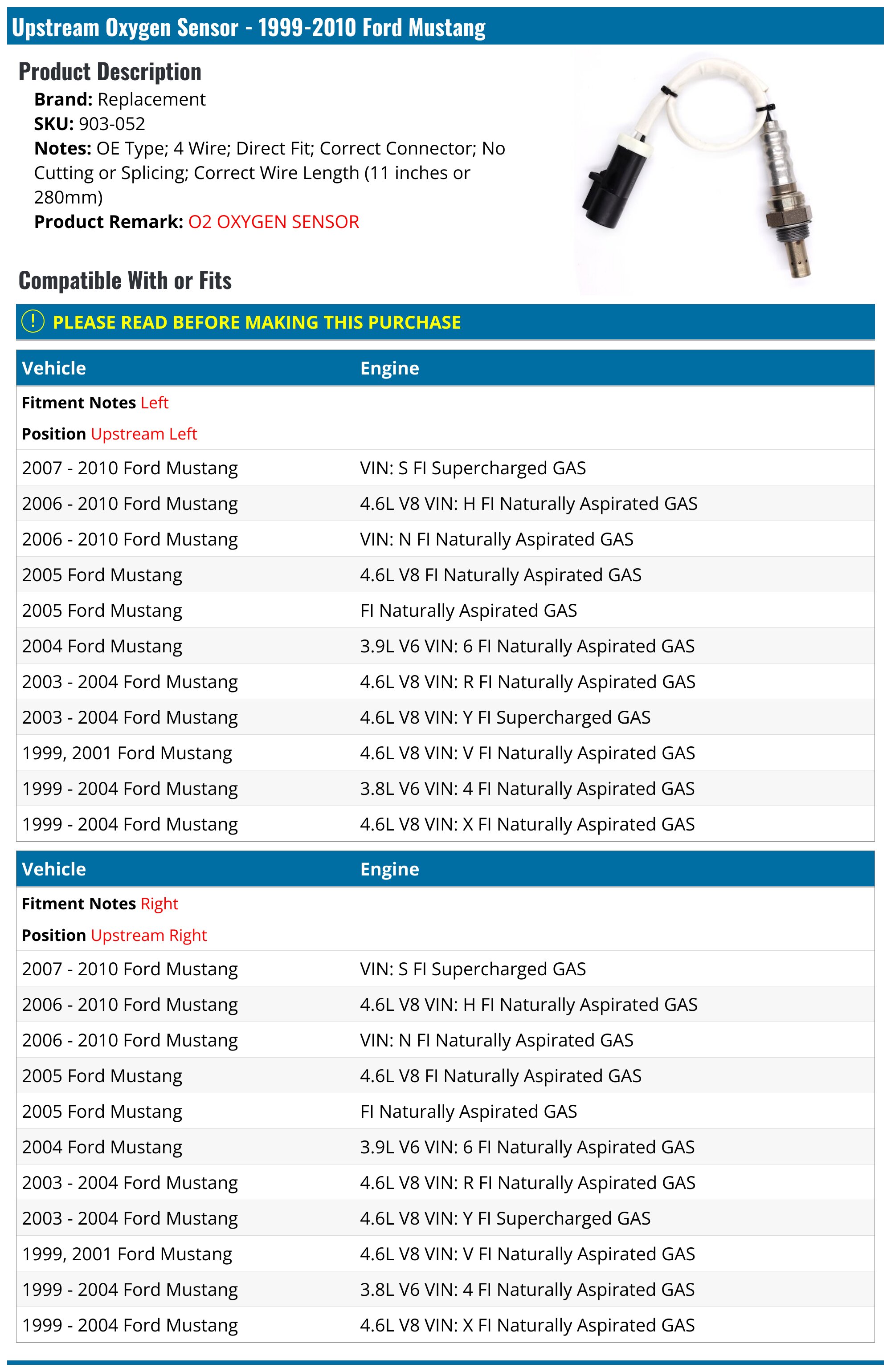 1999-2010 Ford Mustang Oxygen Sensor - Replacement 903-052 - Upstream ...