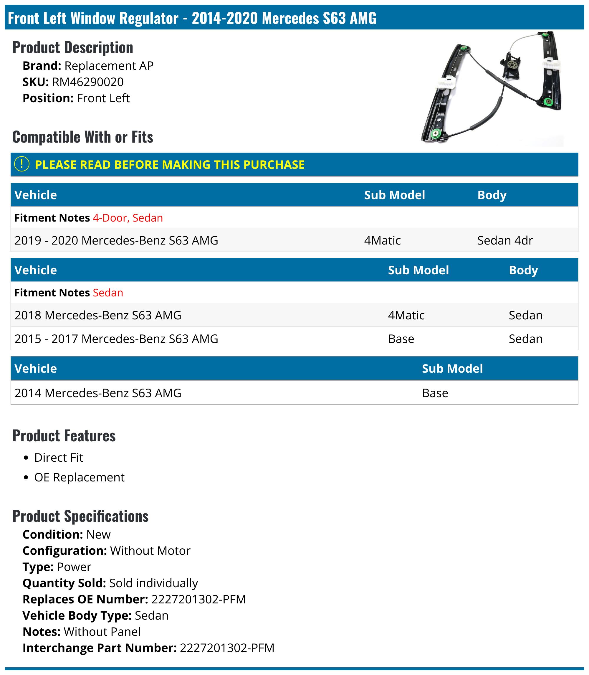 2014-2020 Mercedes S63 AMG Window Regulator - Replacement AP RM46290020 ...