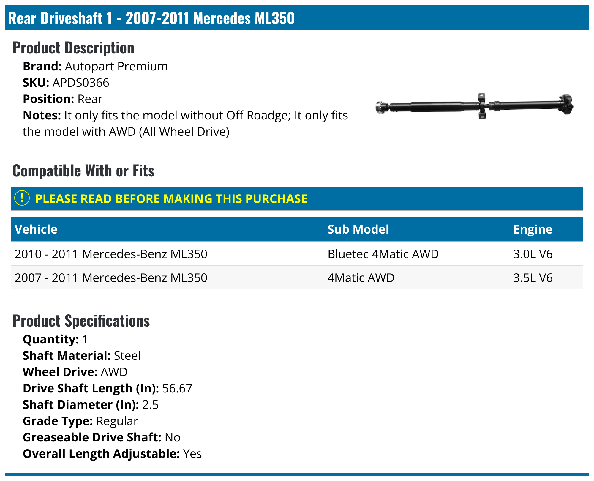 2007-2011 Mercedes ML350 Drive Shaft - Autopart Premium APDS0366 - Rear ...