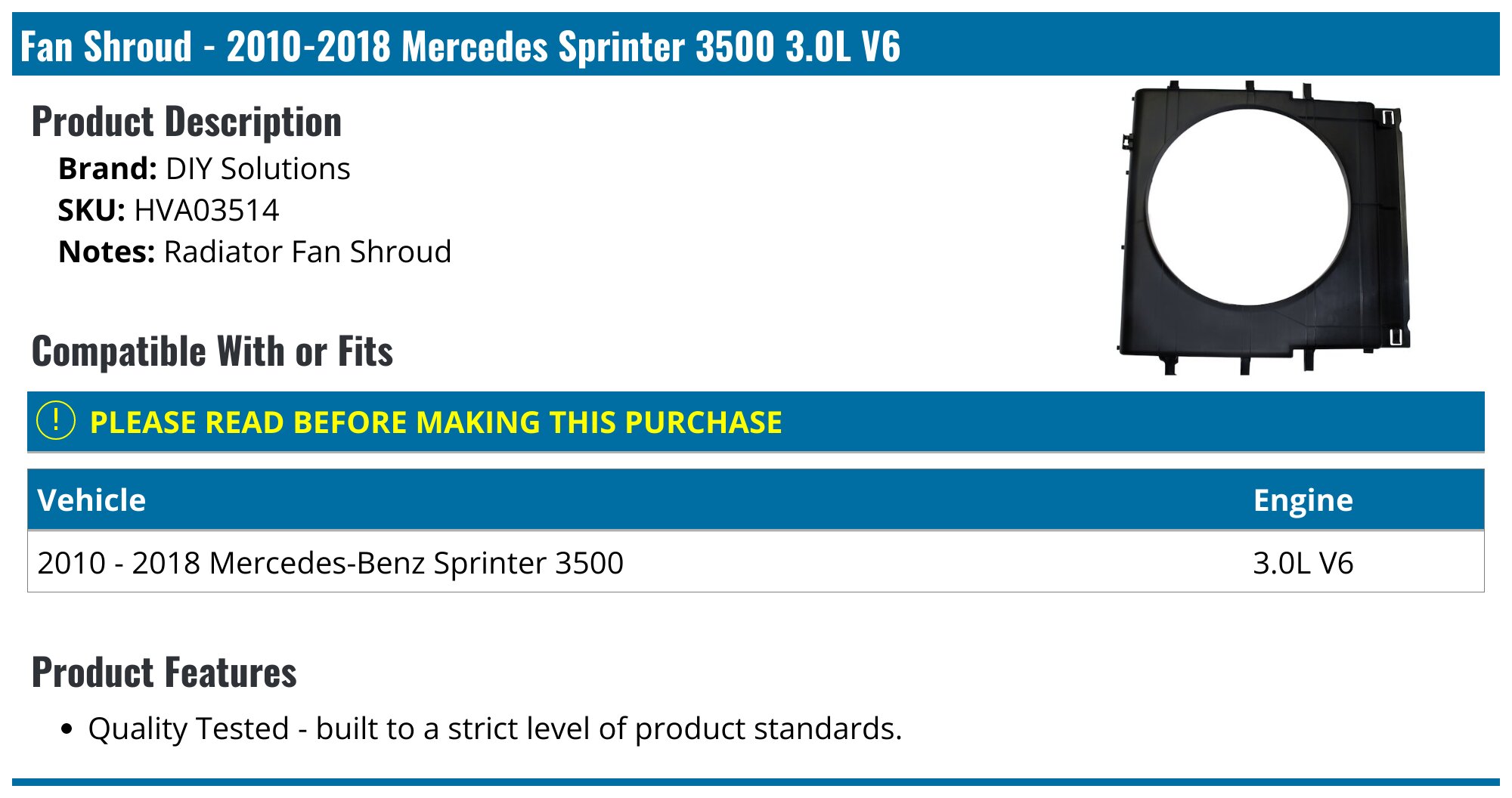 2010-2018 Mercedes Sprinter 3500 Fan Shroud - DIY Solutions HVA03514 ...
