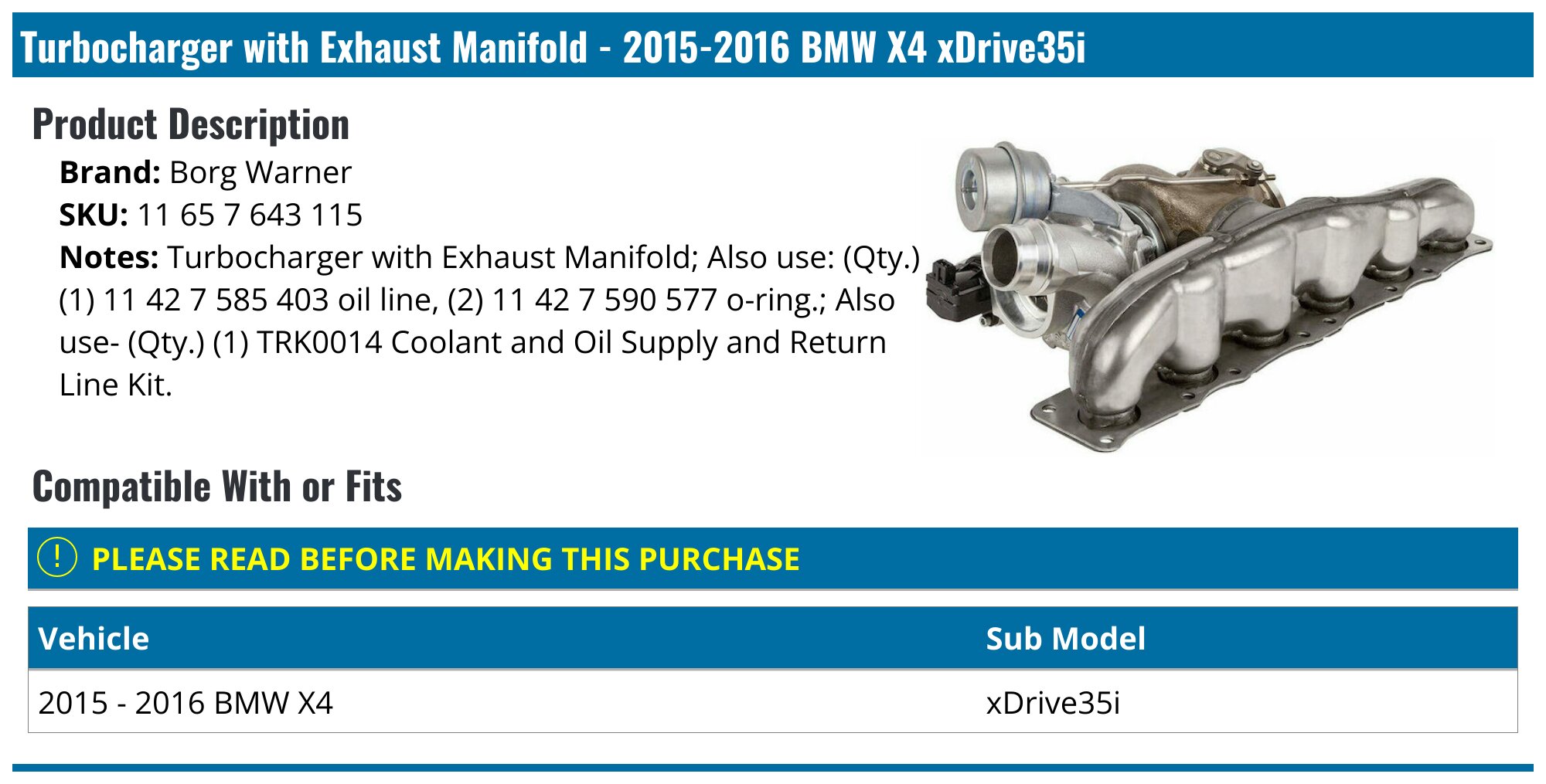 2015-2016 BMW X4 Turbocharger - Borg Warner 11 65 7 643 115 - PartsGeek.com