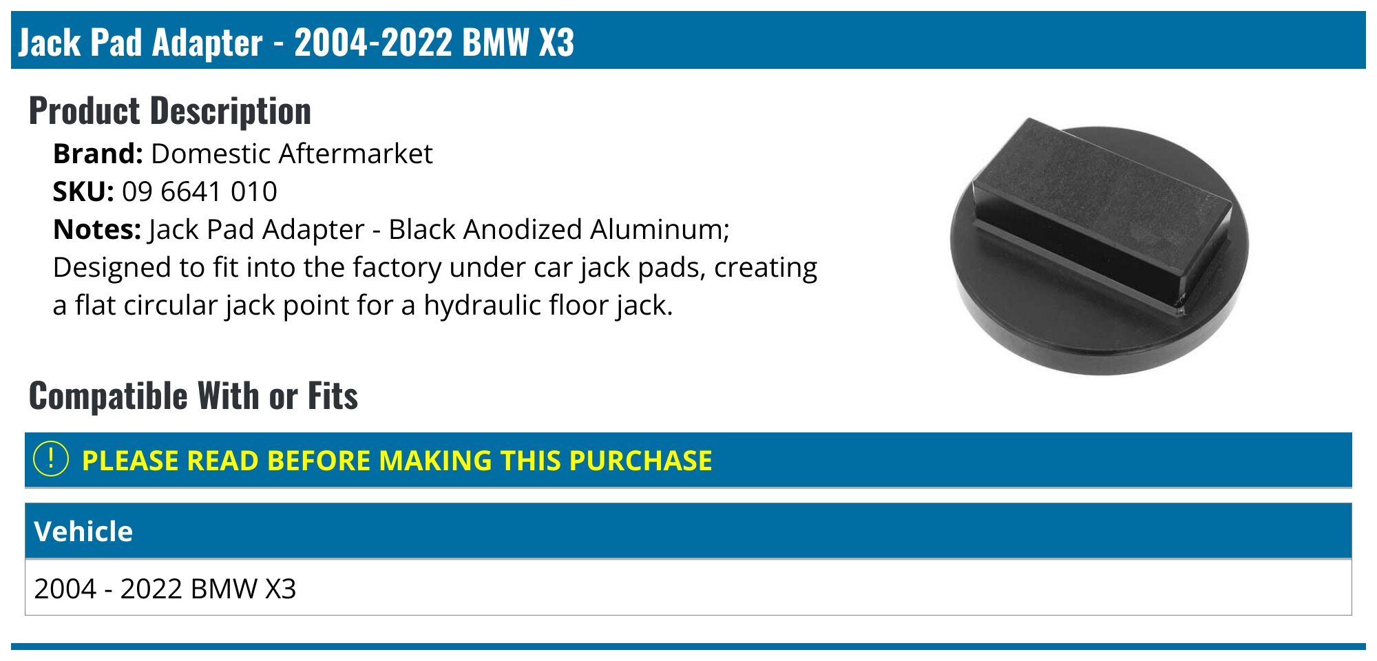 2004-2024 BMW X3 Jack Pad Adapter - Domestic Aftermarket 09 6641 010 ...