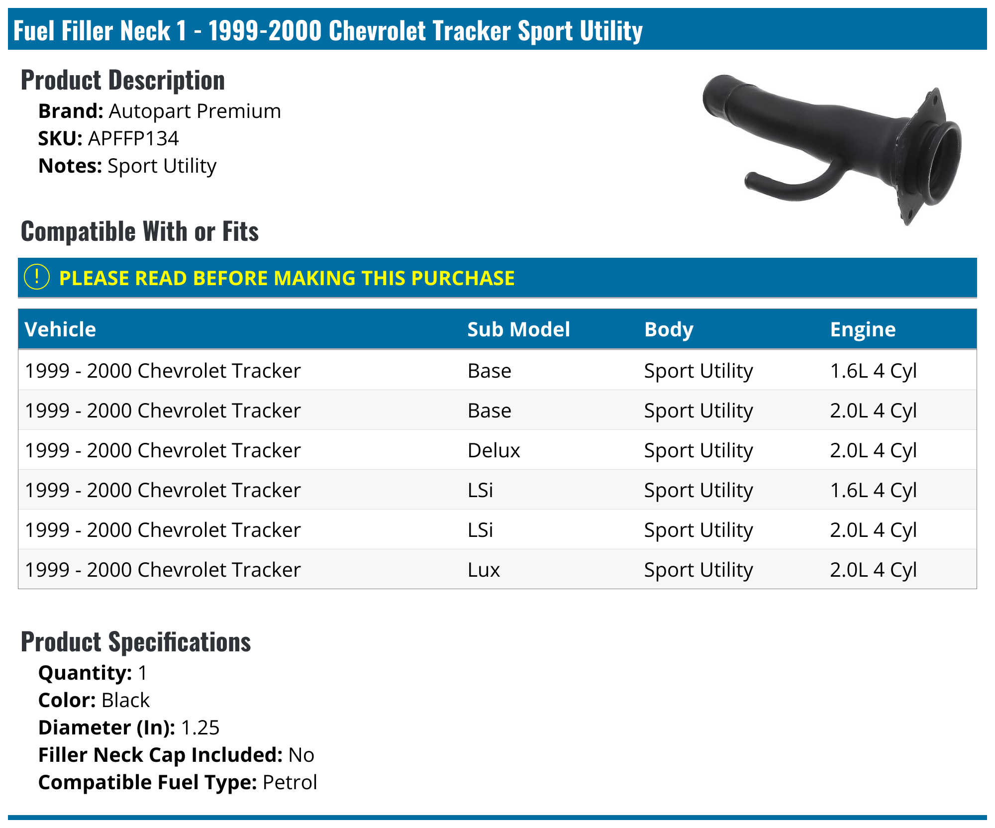 1999-2000 Chevrolet Tracker Fuel Filler Neck - Autopart Premium ...