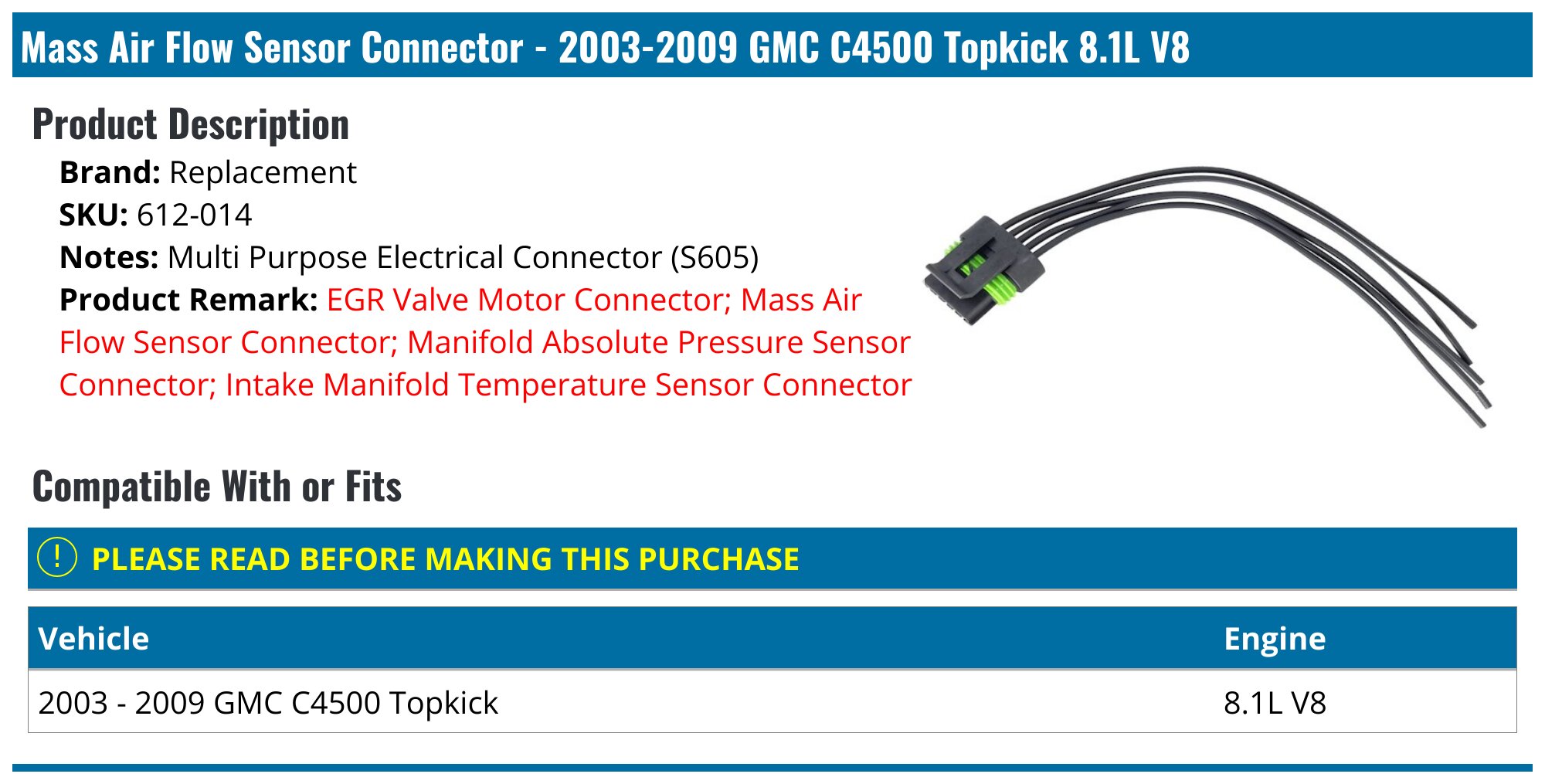 2003-2009 GMC C4500 Topkick Mass Air Flow Sensor Connector ...