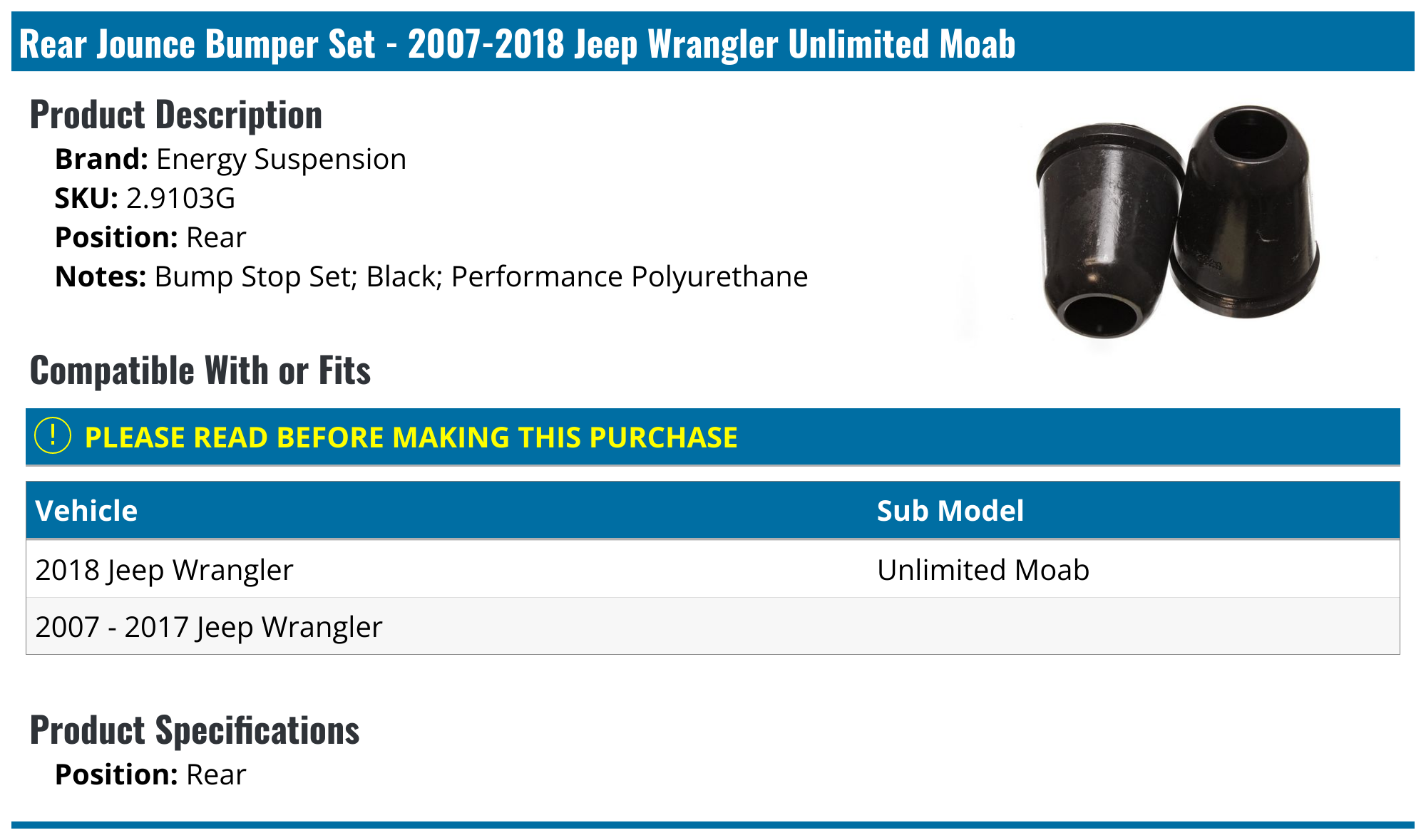 2007-2018 Jeep Wrangler Jounce Bumper Set - Energy Suspension 2.9103G ...