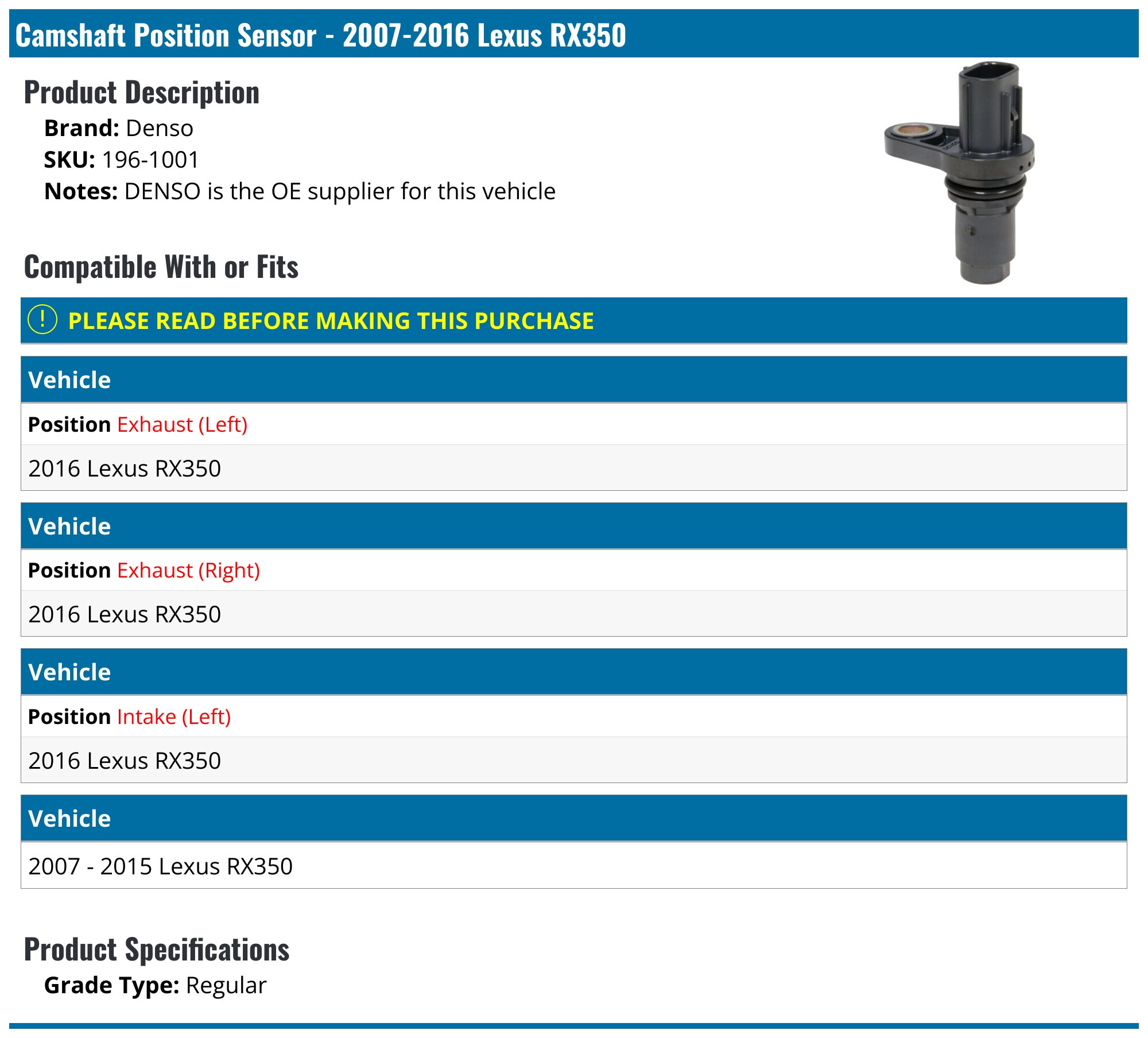 2007-2022 Lexus RX350 Camshaft Position Sensor - Denso 196-1001 ...