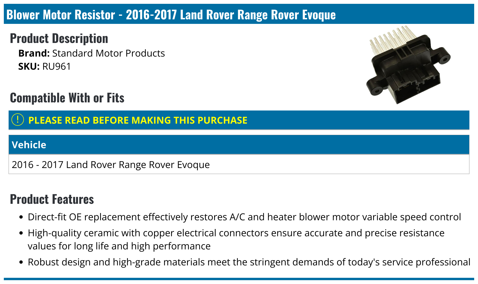 2016-2017 Land Rover Range Rover Evoque Blower Motor Resistor ...