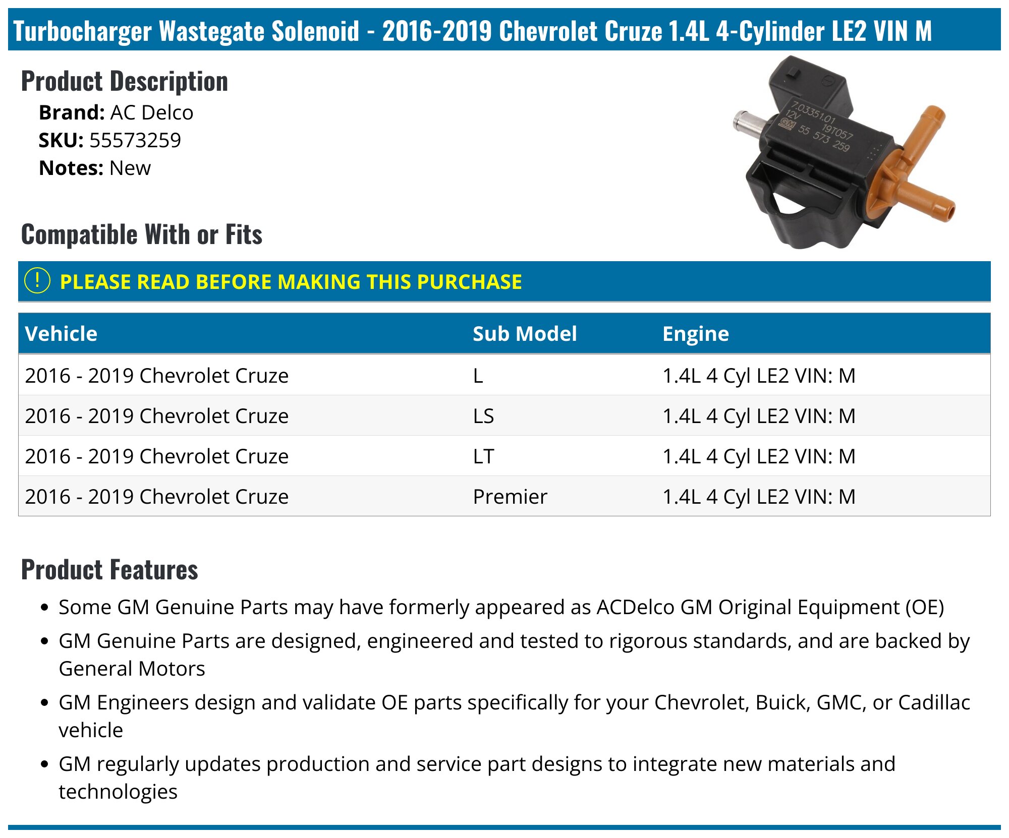 2016-2019 Chevrolet Cruze Turbocharger Boost Solenoid - AC Delco ...