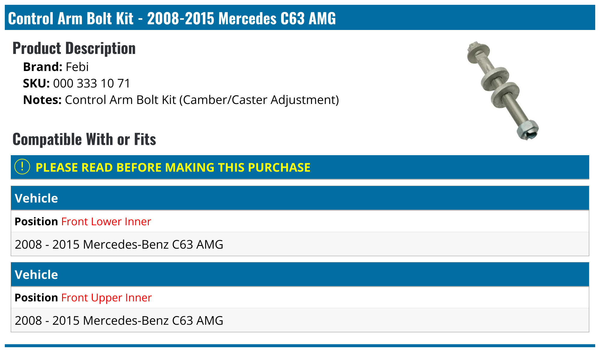 2008-2015 Mercedes C63 AMG Control Arm Bolt Kit - Febi 000 333 10 71 ...