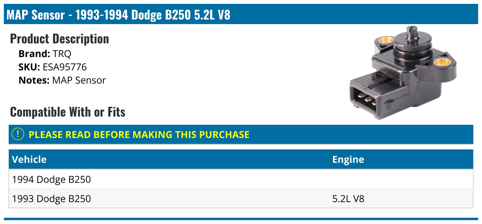 1993-1994 Dodge B250 MAP Sensor - TRQ ESA95776 - PartsGeek.com