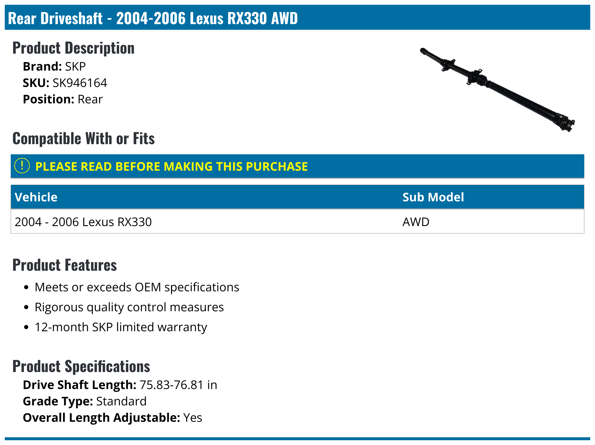 2004-2006 Lexus RX330 Drive Shaft - SKP SK946164 - Rear - PartsGeek.com