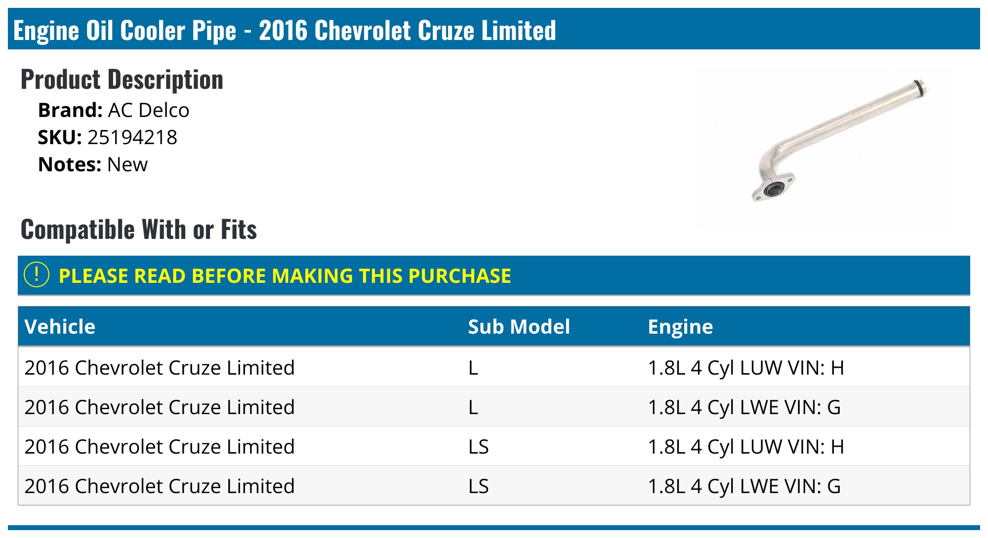 2016 Chevrolet Cruze Limited Engine Oil Cooler Pipe - AC Delco 25194218 ...