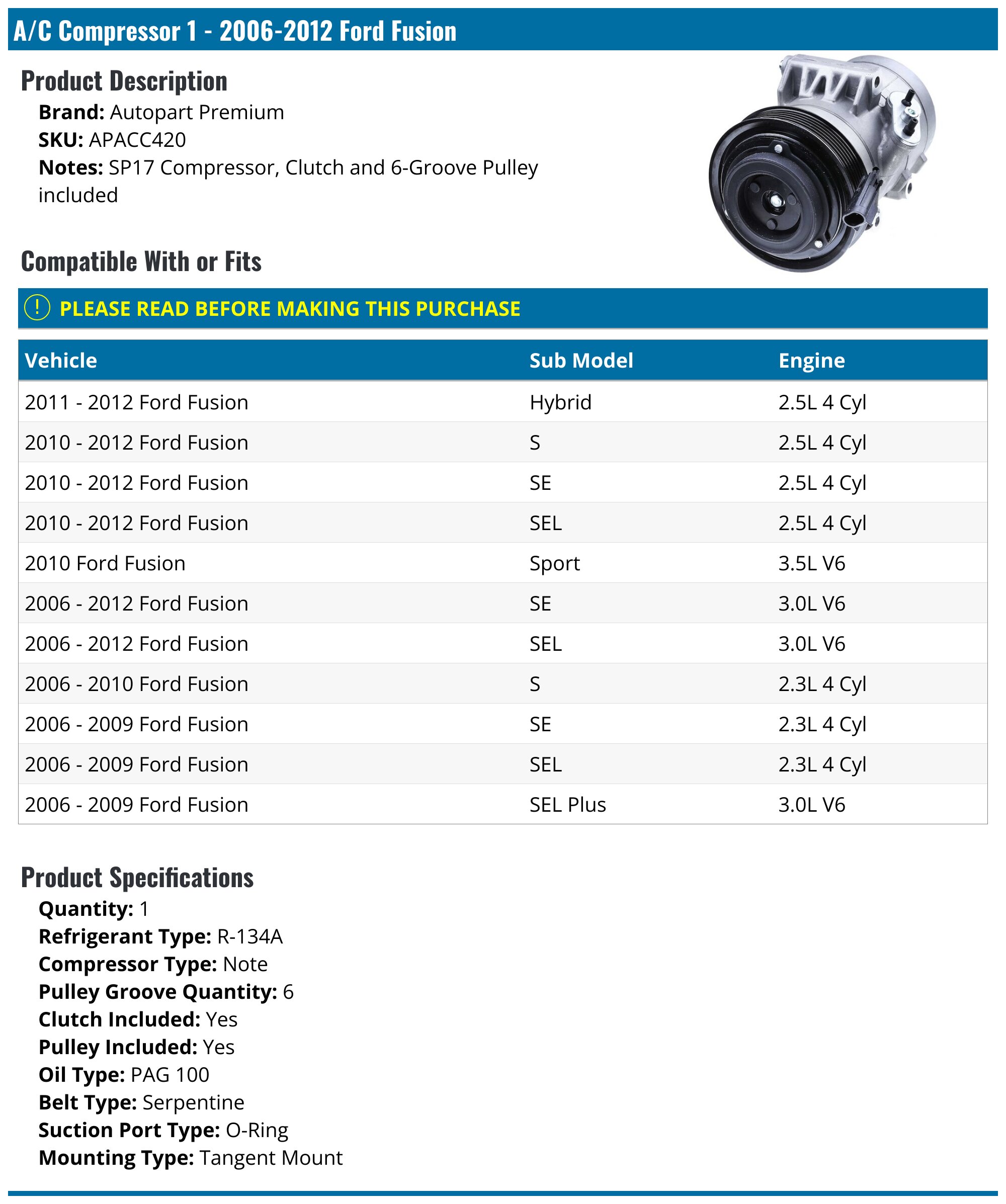 2006-2012 Ford Fusion A/C Compressor - Autopart Premium APACC420 ...
