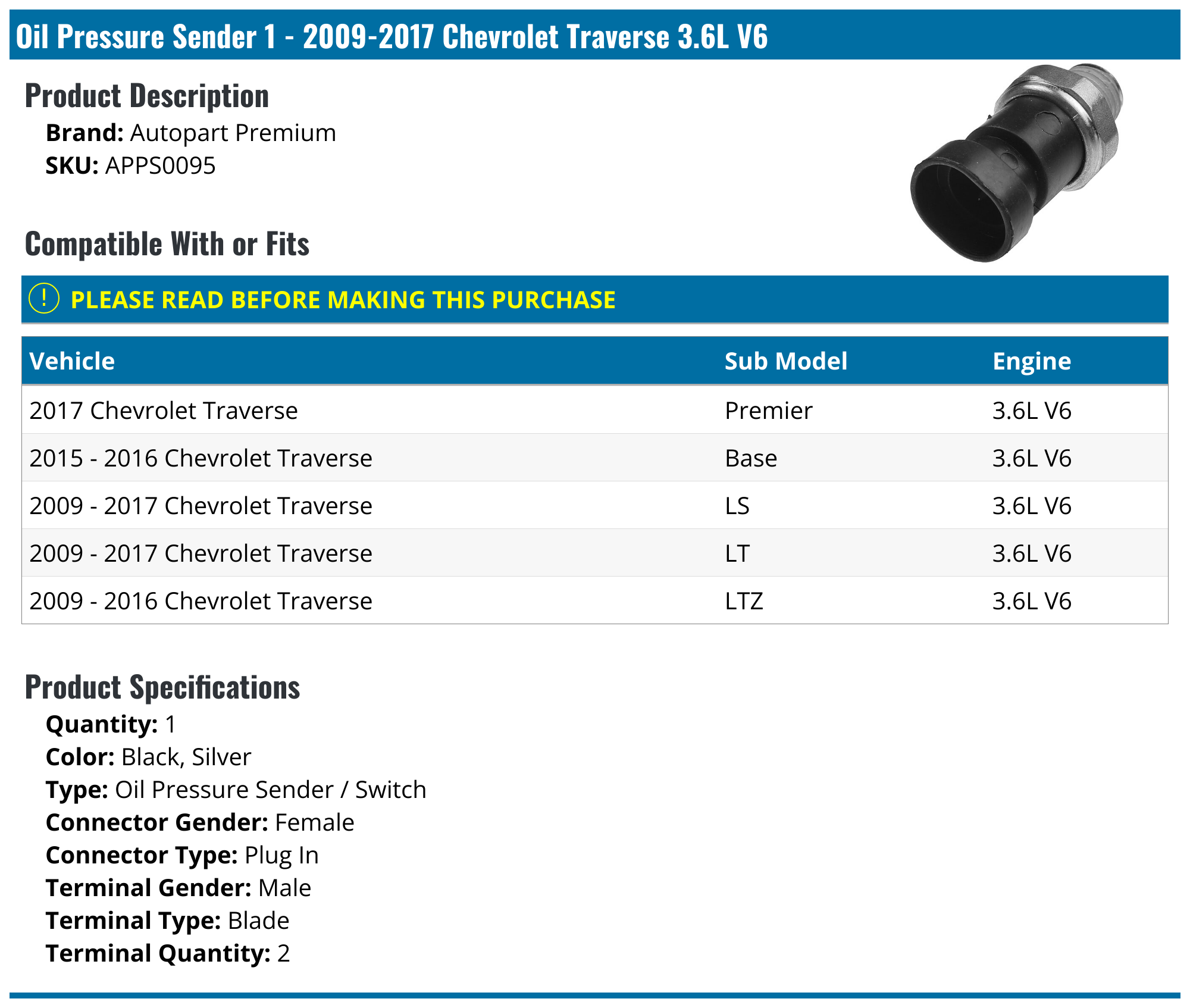 2009-2017 Chevrolet Traverse Engine Oil Pressure Sensor - Autopart ...