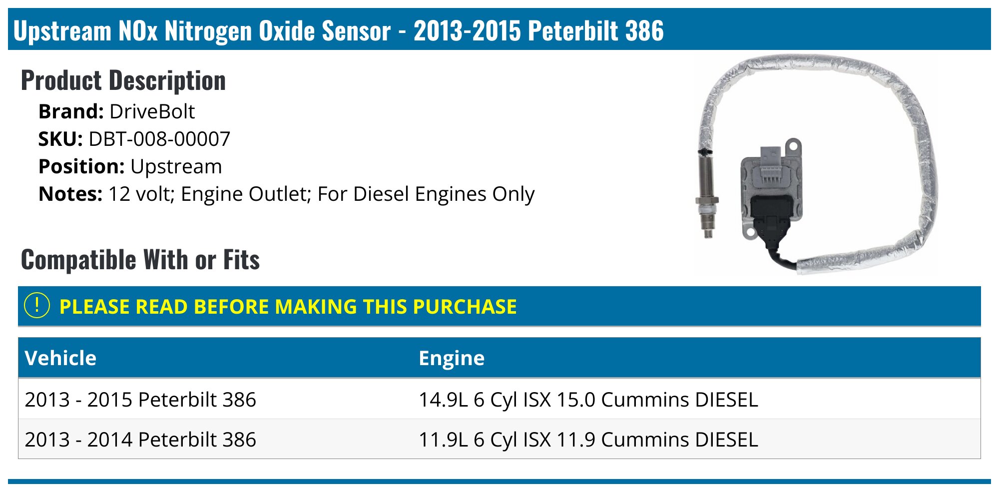 2013-2015 Peterbilt 386 NOx (Nitrogen Oxide) Sensor - DriveBolt DBT-008 ...
