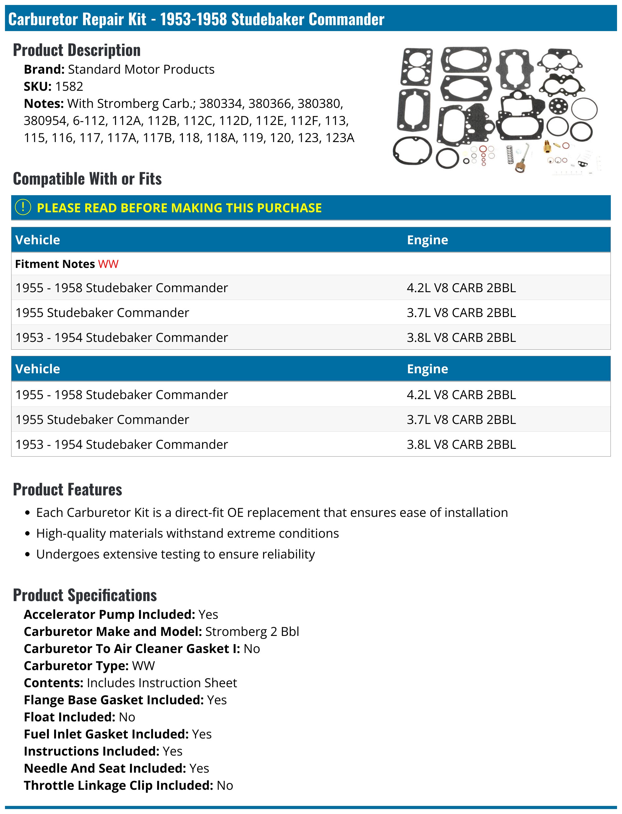 1953-1958 Studebaker Commander Carburetor Repair Kit - Standard Motor ...
