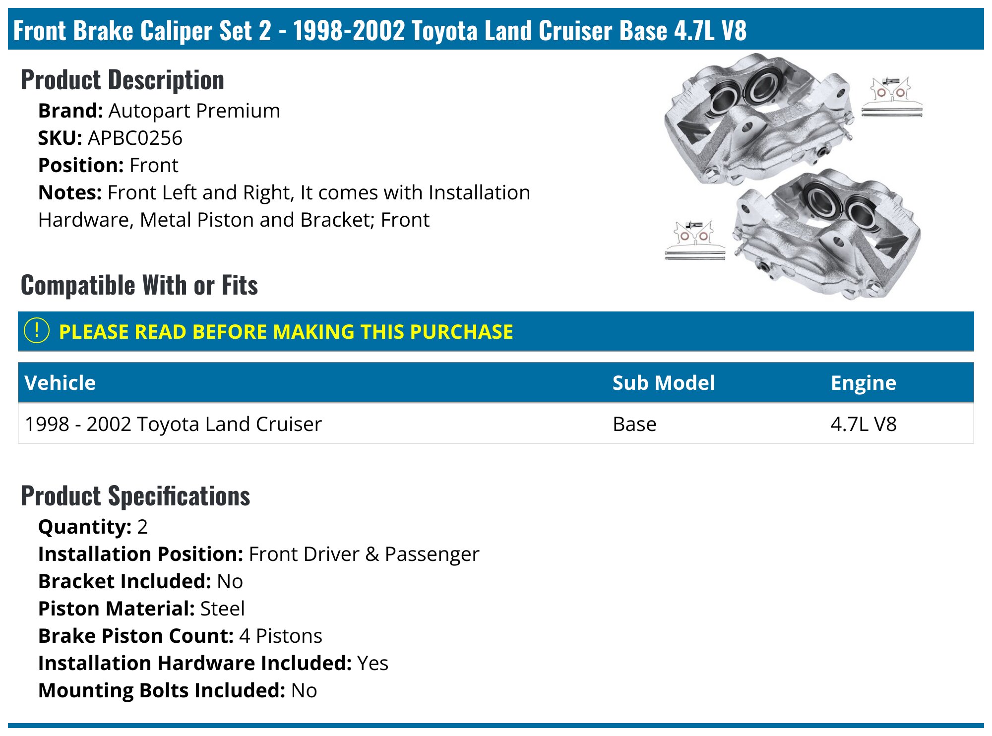 1998-2002 Toyota Land Cruiser Brake Caliper - Autopart Premium APBC0256 ...