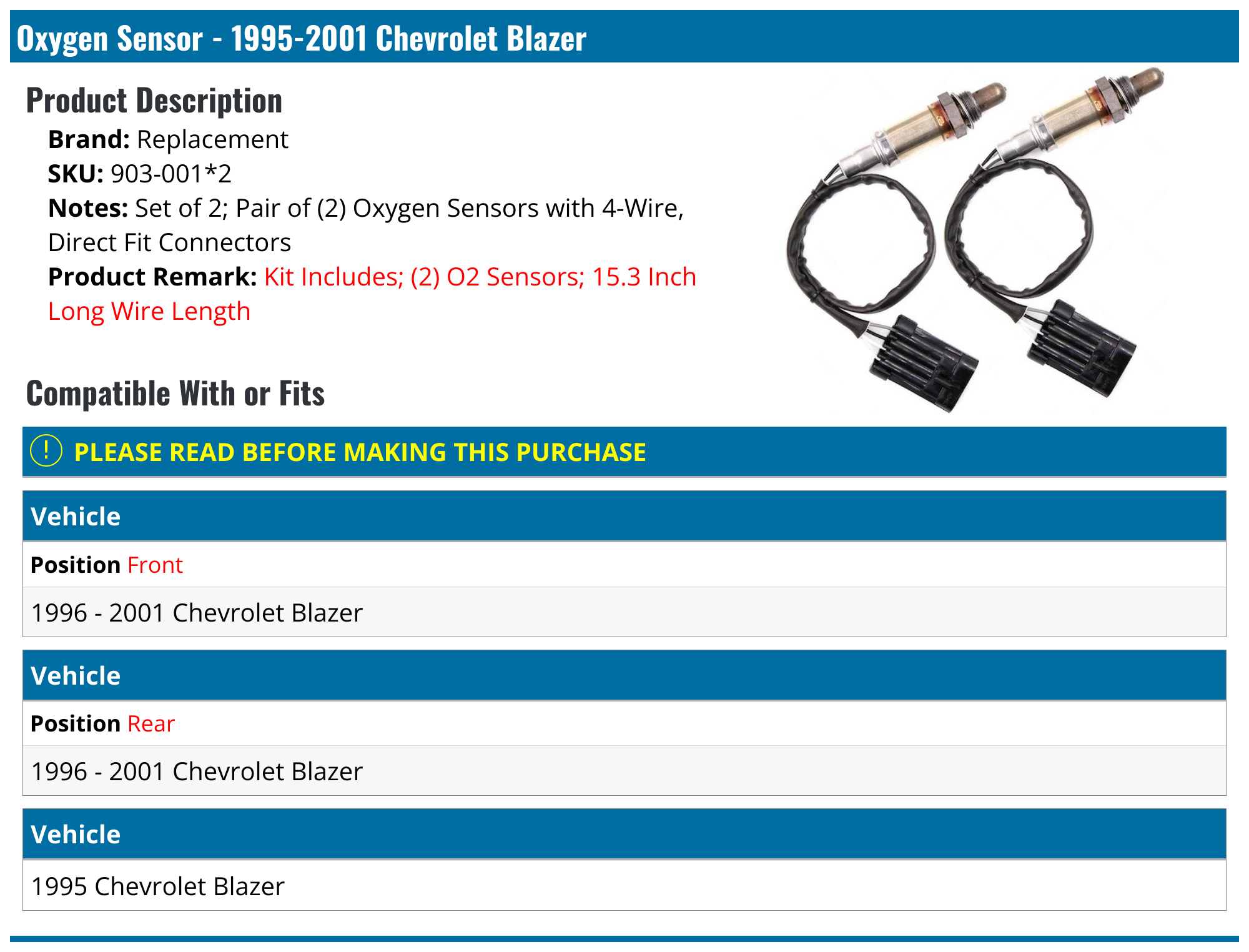 1995-2001 Chevrolet Blazer Oxygen Sensor - Replacement 903-001*2 ...