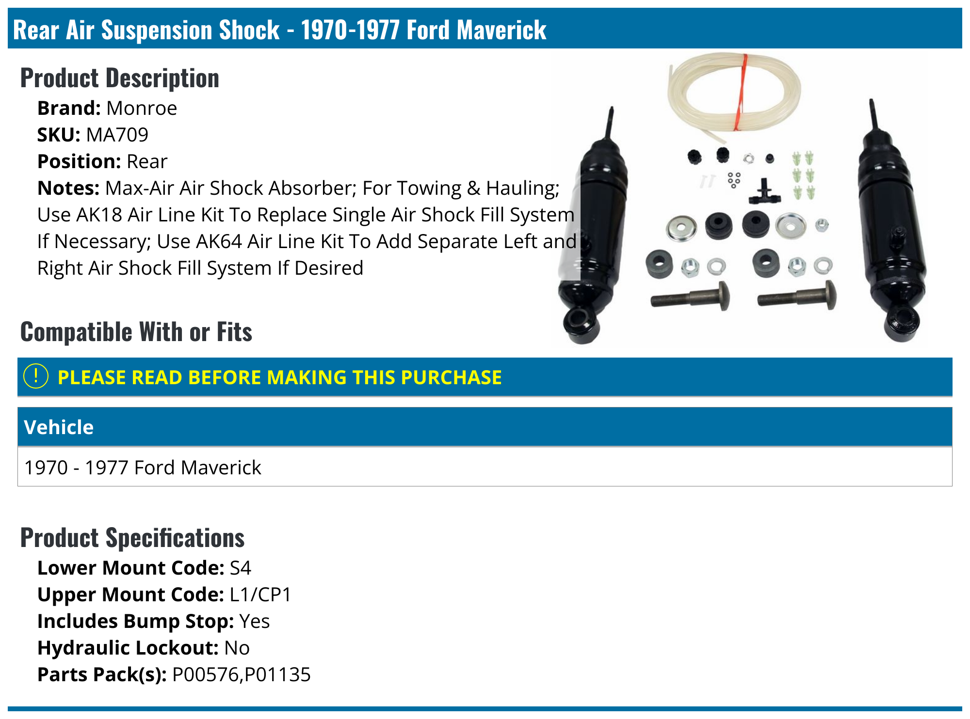 1970-1977 Ford Maverick Shock Absorber - Monroe MA709 - Rear ...