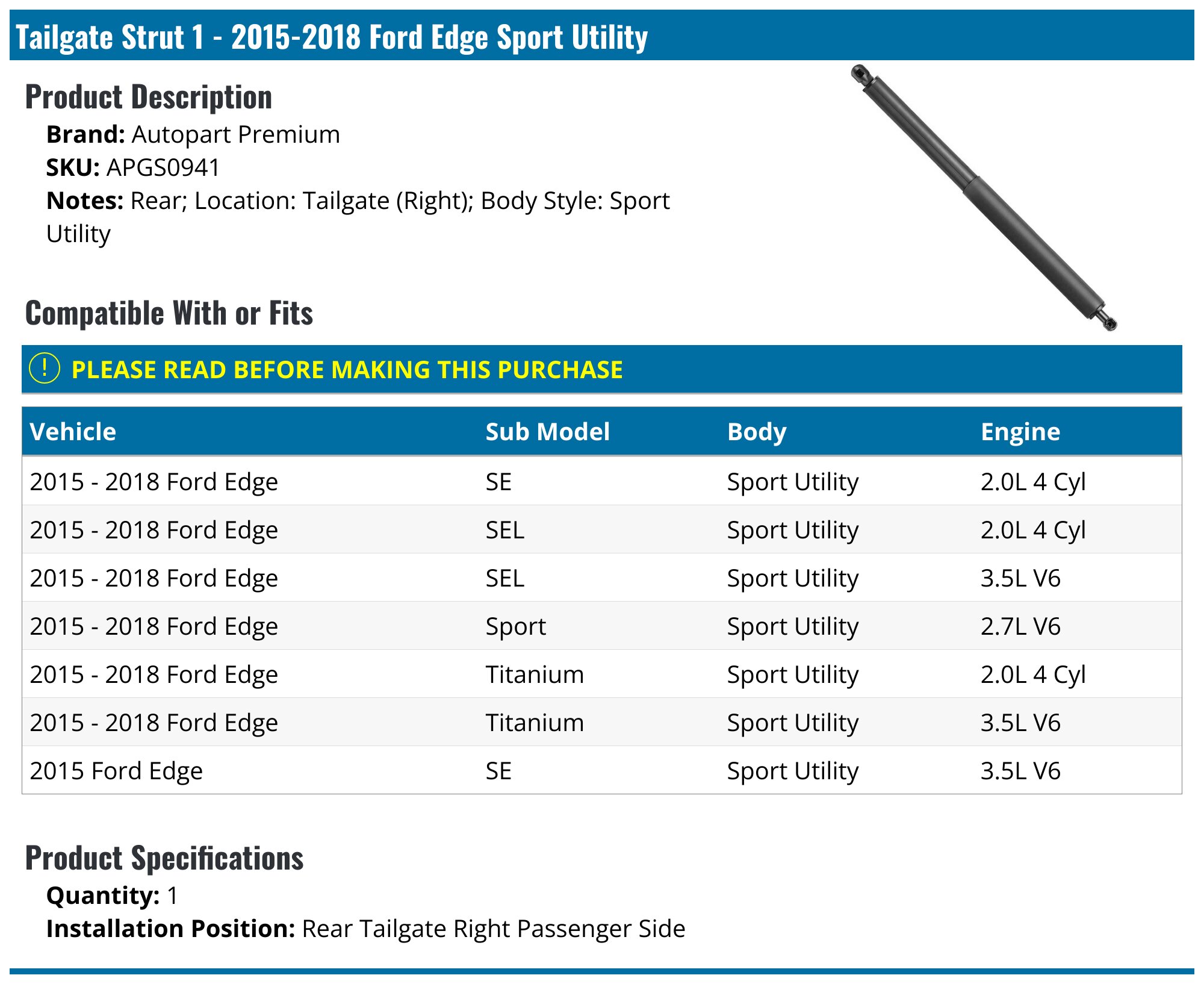 2015-2018 Ford Edge Hatch Strut - Autopart Premium APGS0941 - Rear ...