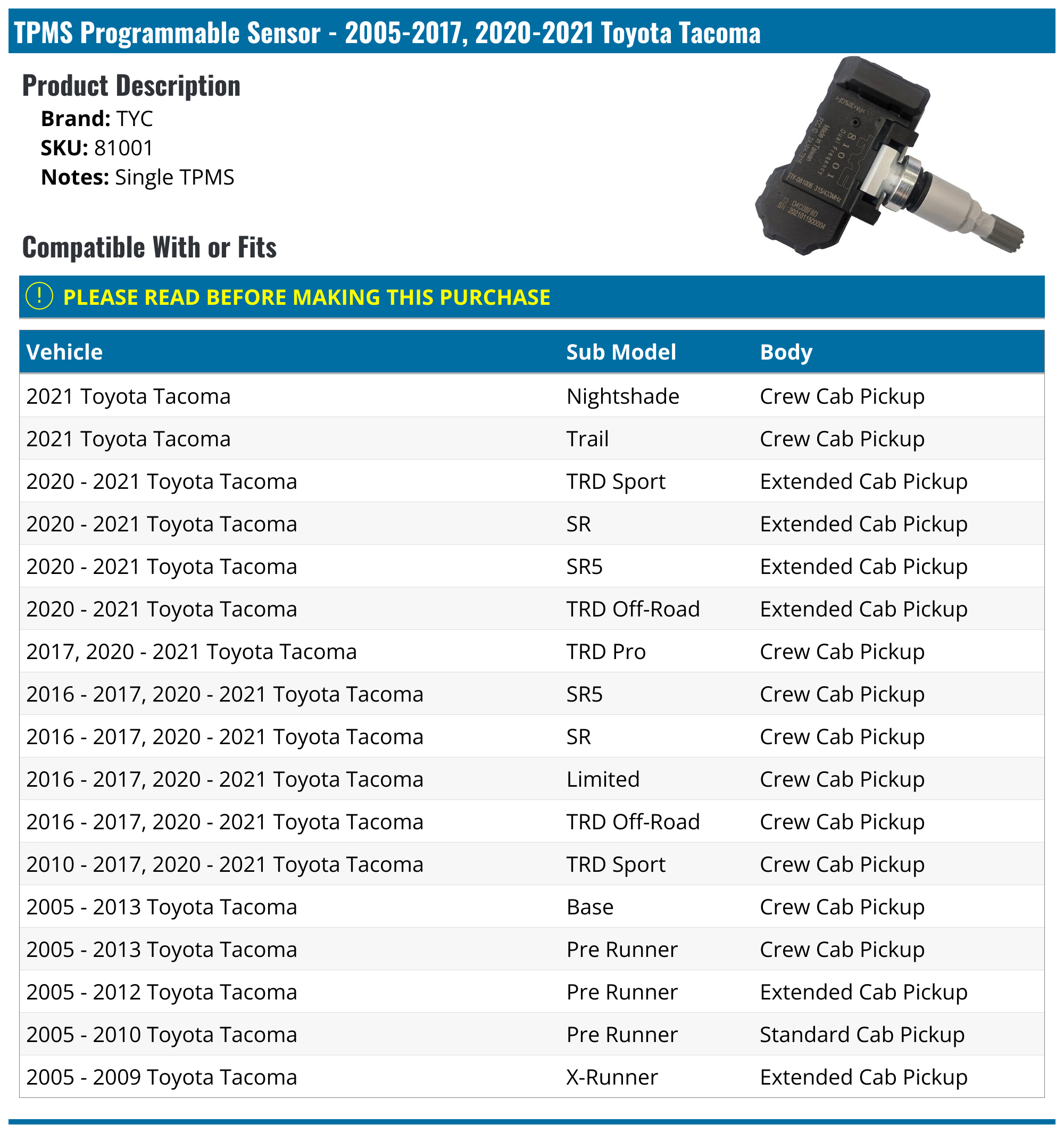 2005-2017, 2020-2021 Toyota Tacoma Tire Pressure Monitoring Sensor ...