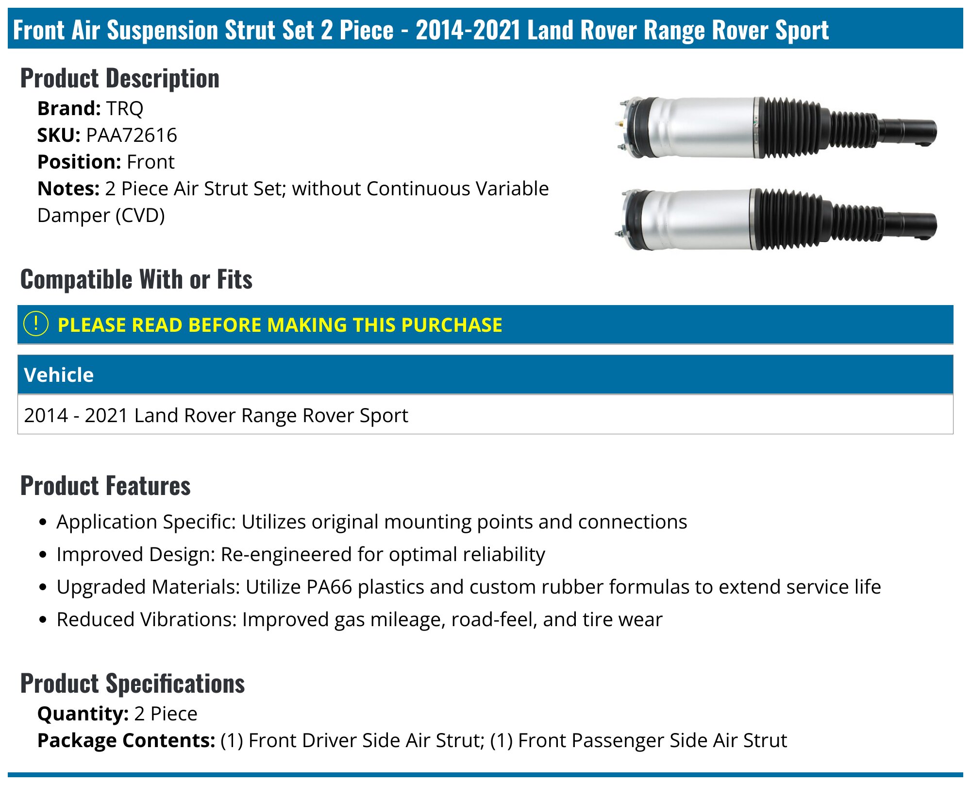 2014-2022 Land Rover Range Rover Sport Strut Assembly - TRQ PAA72616 ...