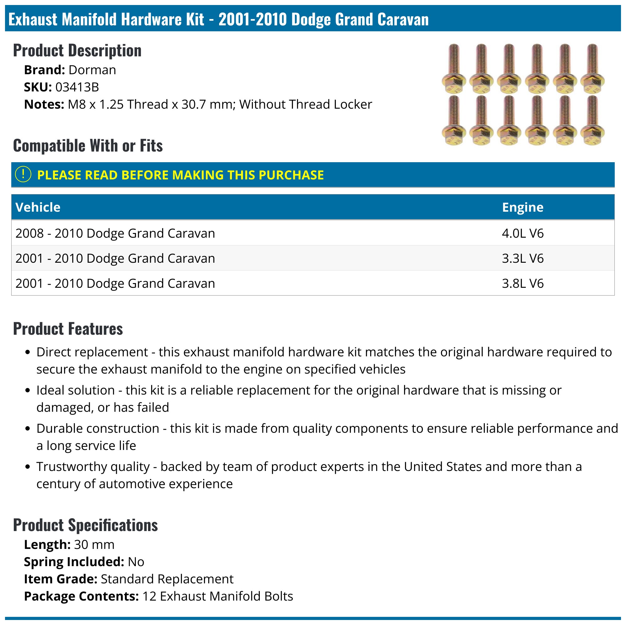 2001-2010 Dodge Grand Caravan Exhaust Manifold - Dorman 03413B ...