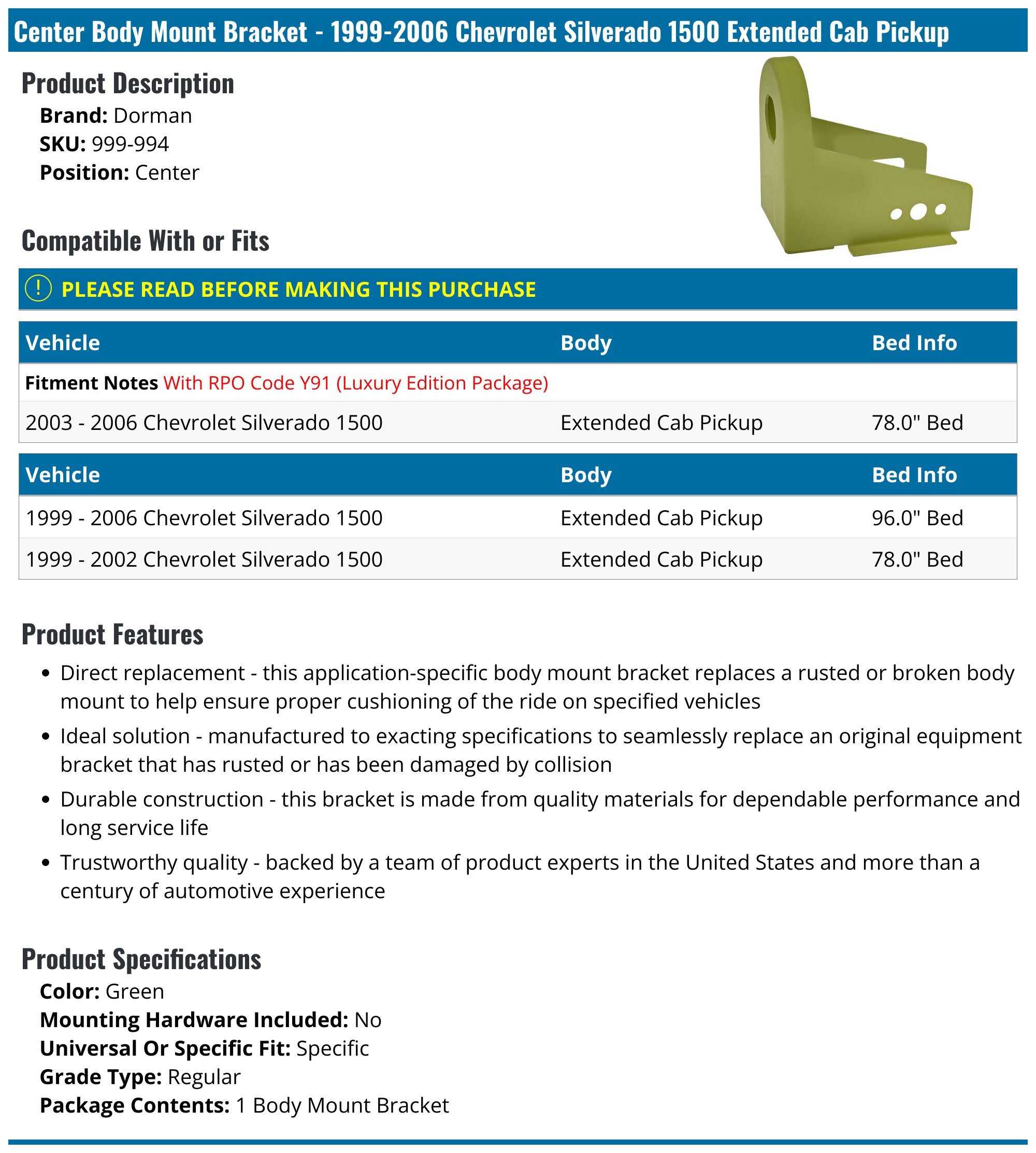 1999-2006 Chevrolet Silverado 1500 Body Mount Bracket - Dorman 999-994 ...