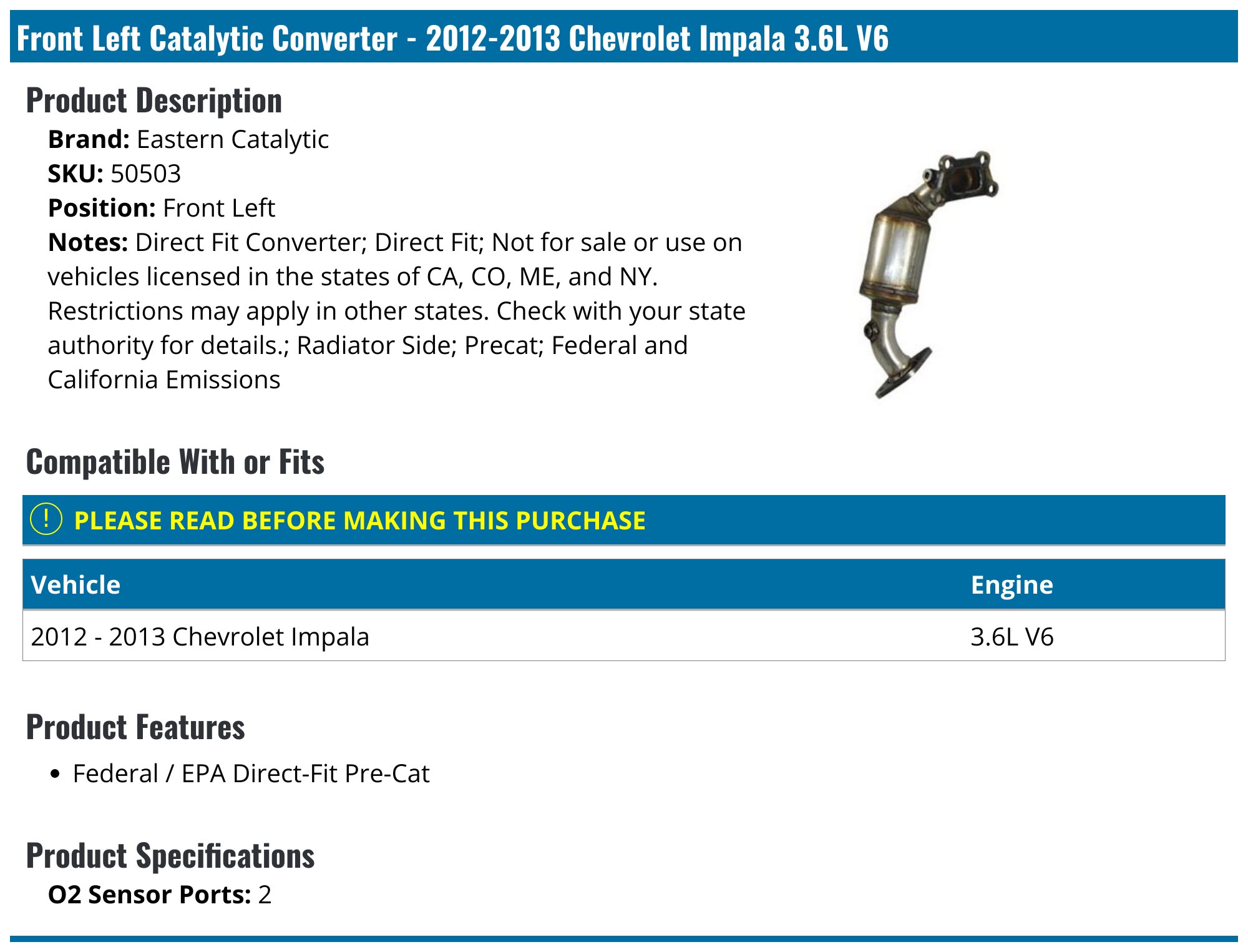 2012-2013 Chevrolet Impala Catalytic Converter - Eastern Catalytic ...