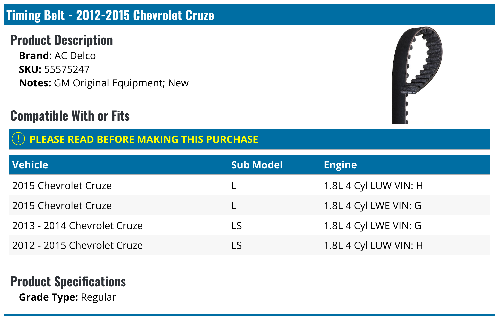 2012-2015 Chevrolet Cruze Timing Belt - AC Delco 55575247 - PartsGeek.com