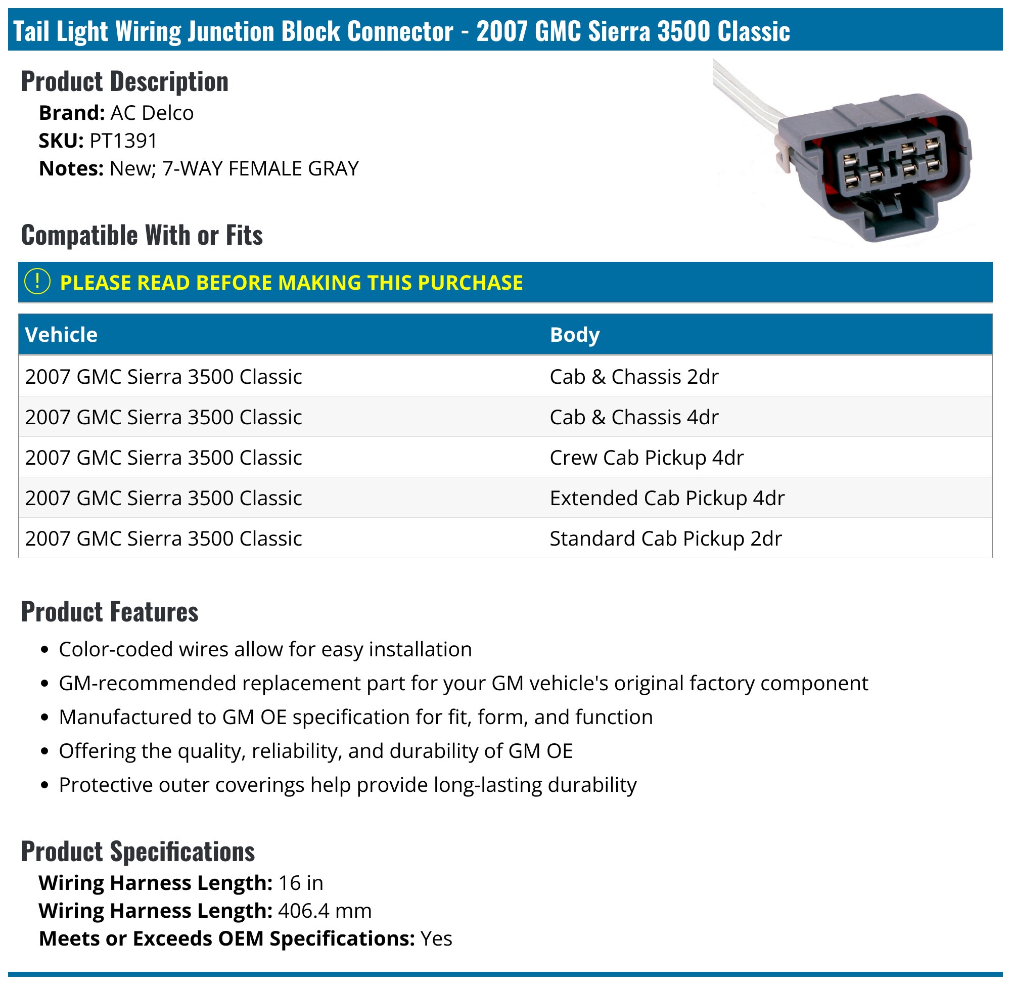 2007 GMC Sierra 3500 Classic Tail Light Wiring Junction Block Connector ...