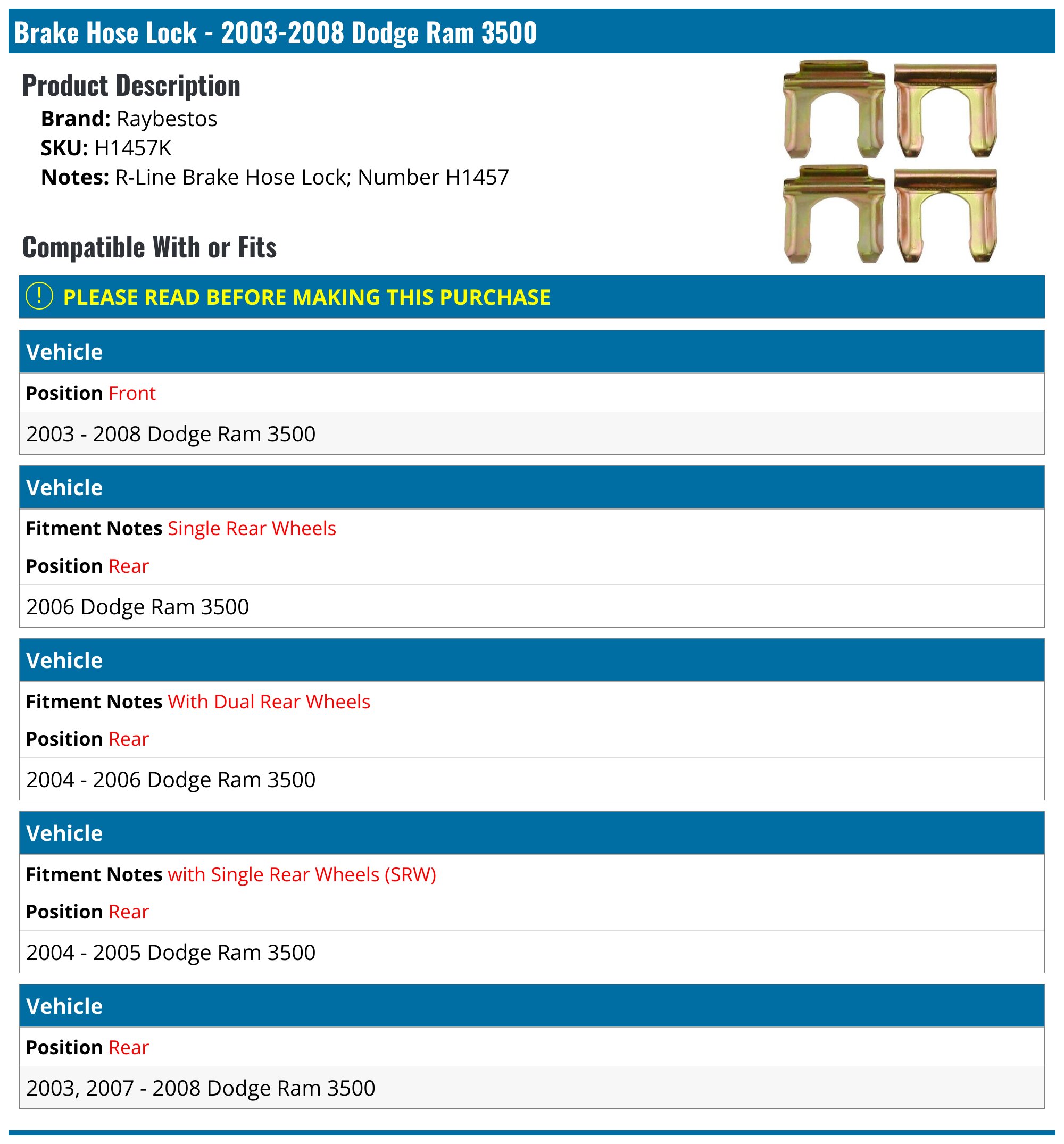 2003-2008 Dodge Ram 3500 Brake Hose Lock - Raybestos H1457K - Front ...