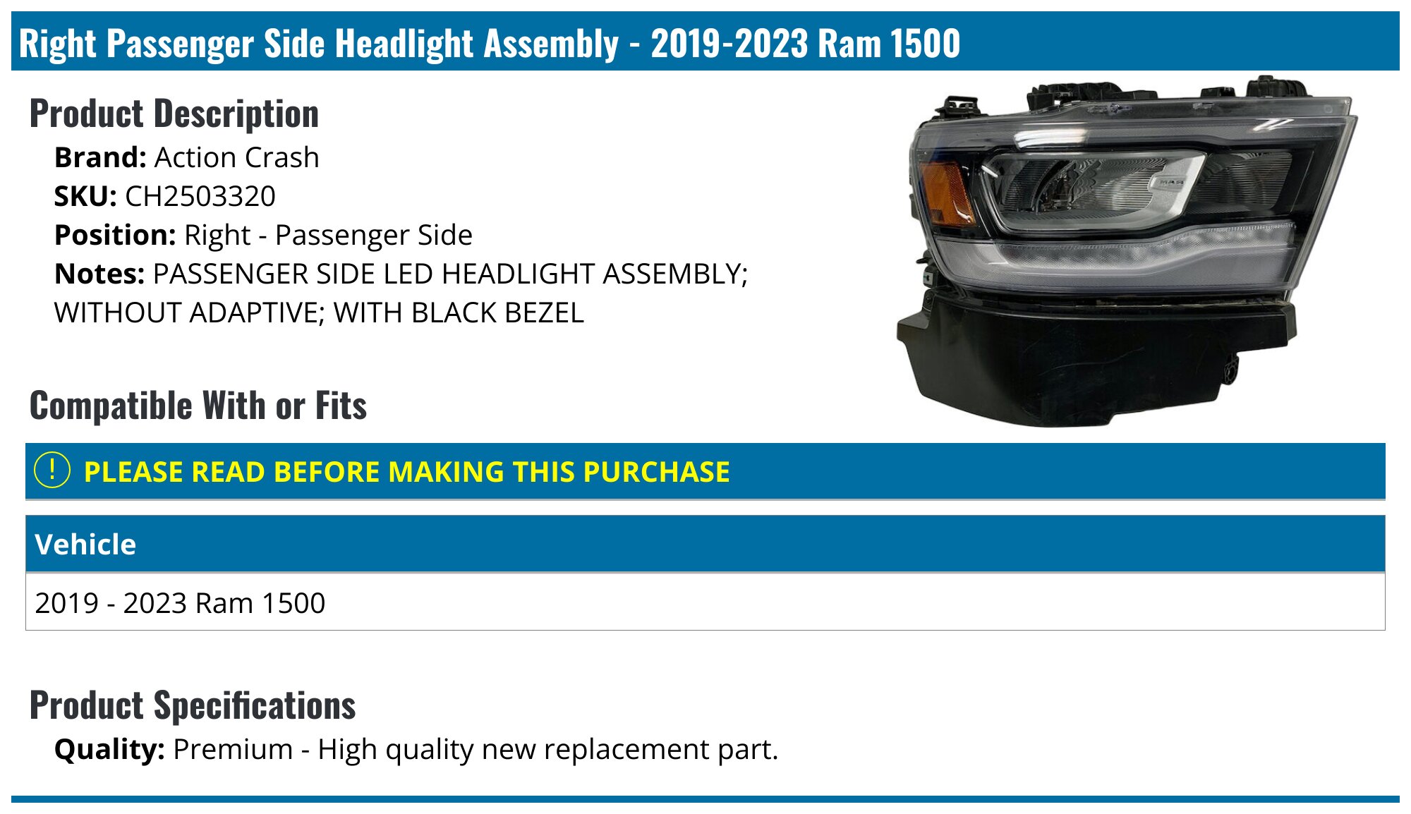 2019-2022 Ram 1500 Headlight Assembly - Action Crash CH2503320 - Right ...