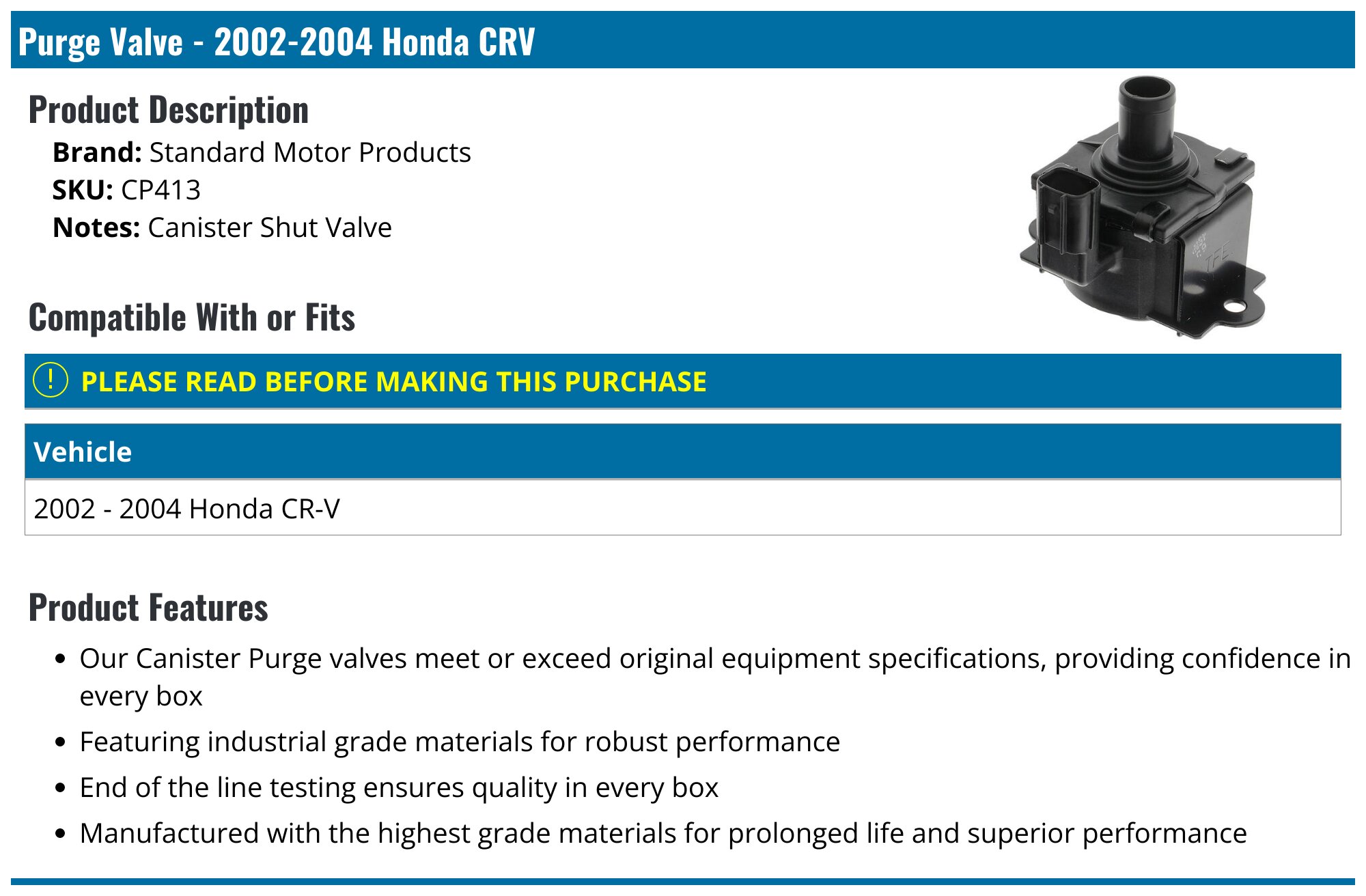 2002 2004 Honda Crv Purge Valve Standard Motor Products Cp413