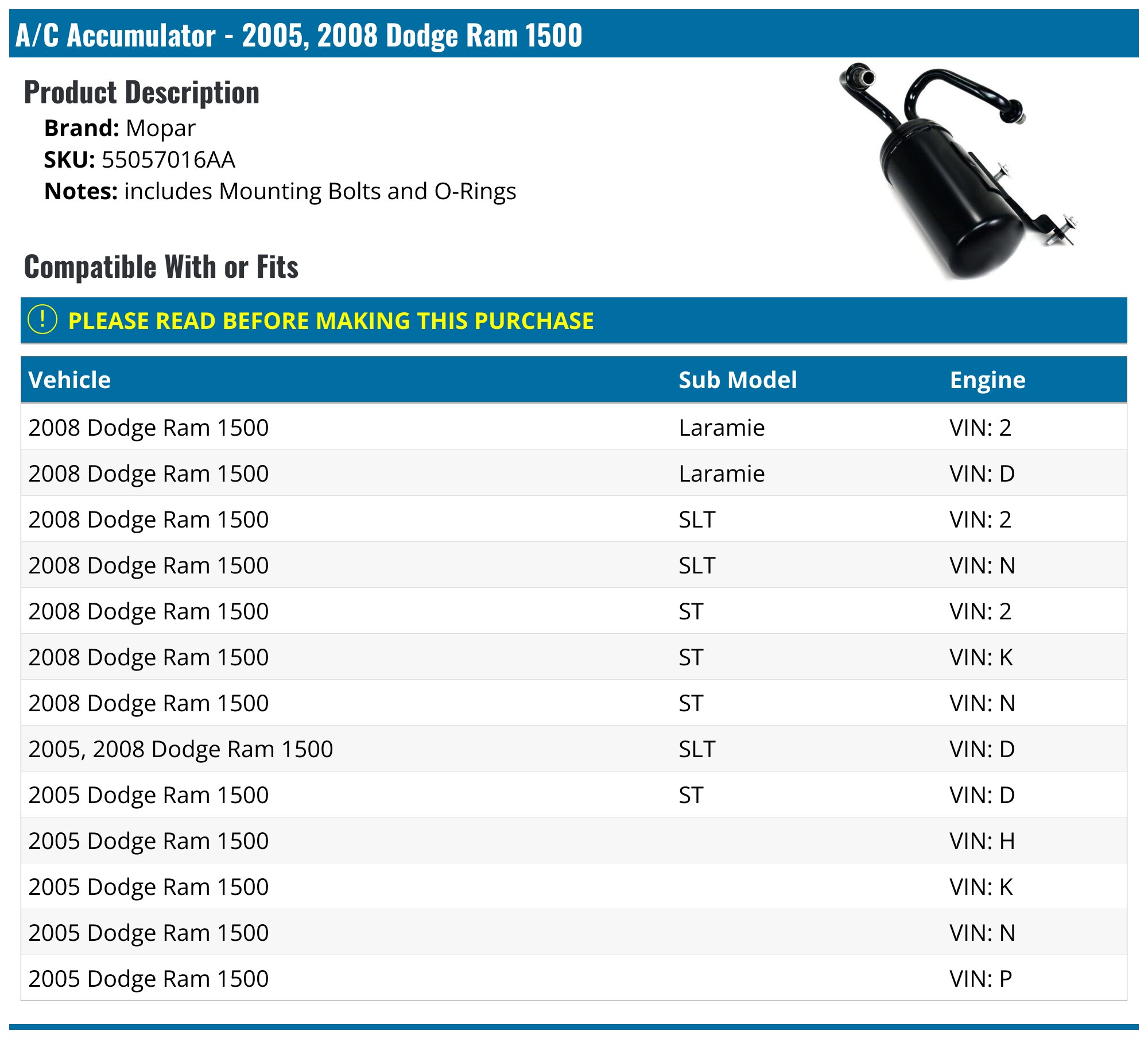 2005, 2008 Dodge Ram 1500 A/C Accumulator - Mopar 55057016AA ...