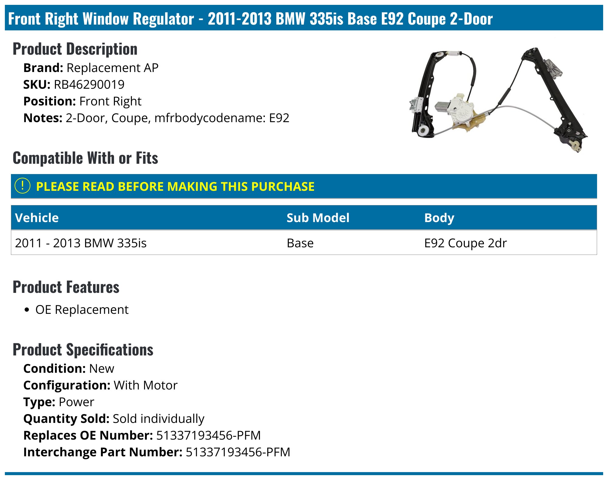 2011-2013 BMW 335is Window Regulator - Replacement AP RB46290019 ...