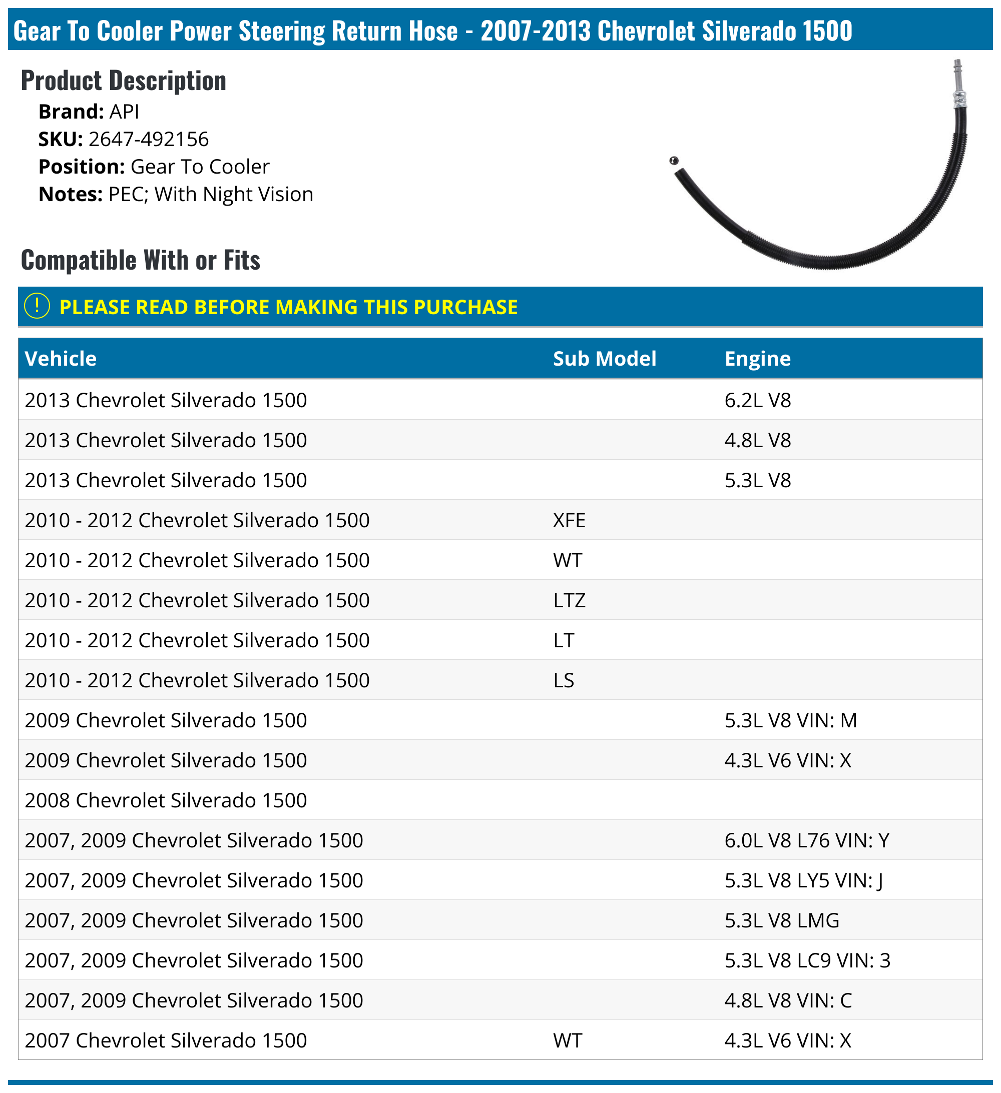 2007-2013 Chevrolet Silverado 1500 Power Steering Return Hose - API ...