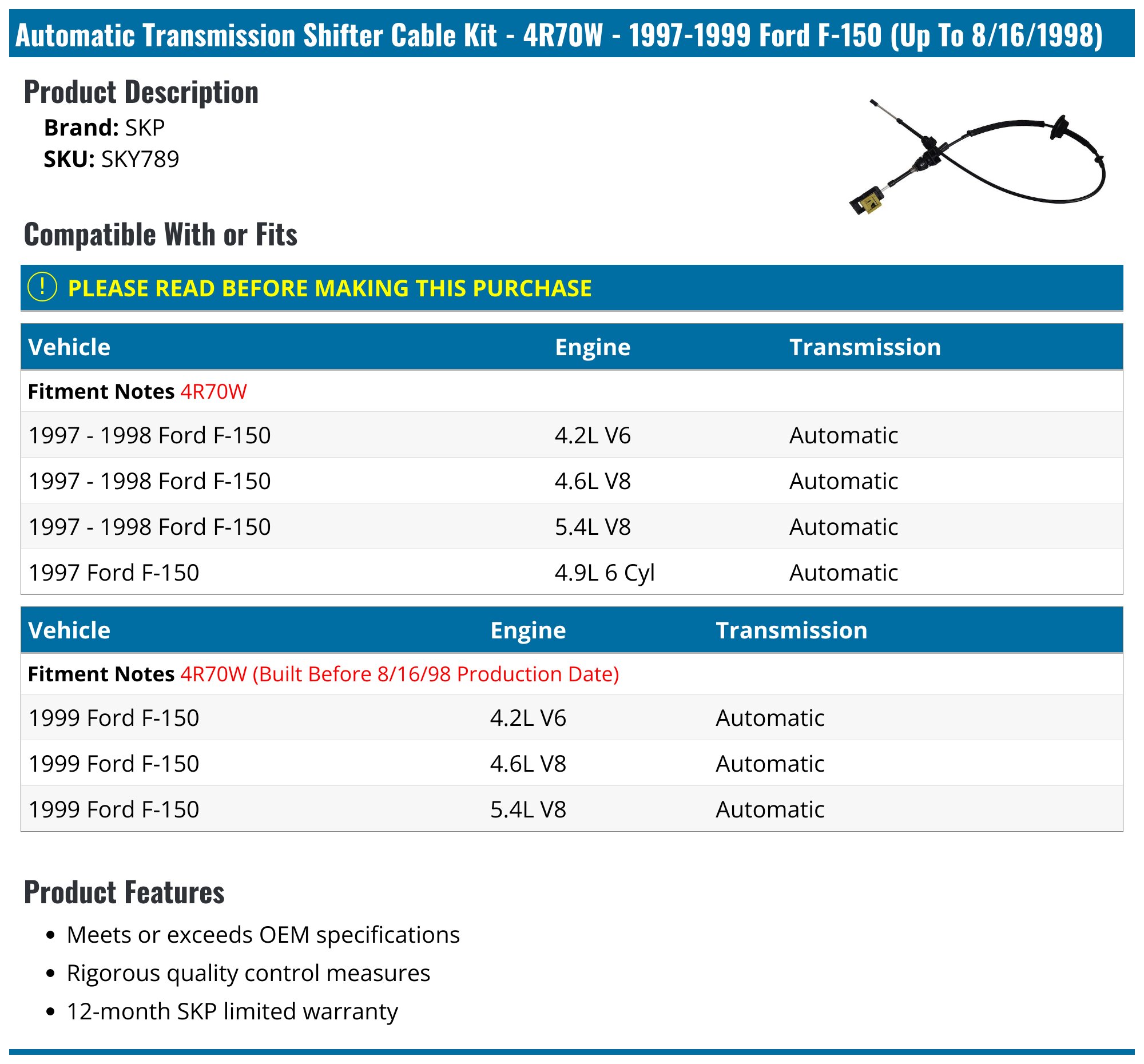 1997-1999 Ford F150 Auto Trans Shifter Cable Kit - SKP SKY789 ...