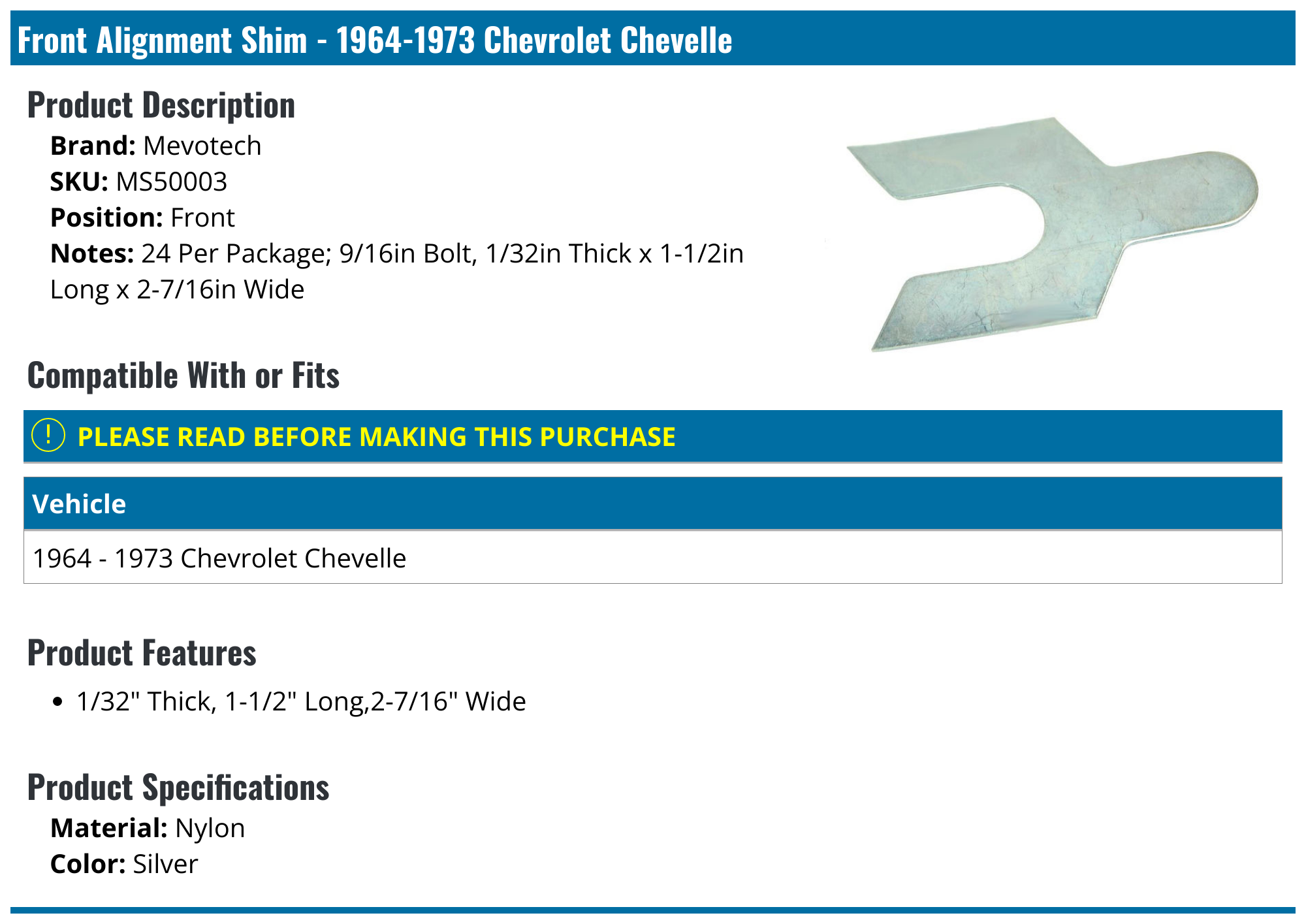 1964-1973 Chevrolet Chevelle Alignment Shim - Mevotech MS50003 - Front ...