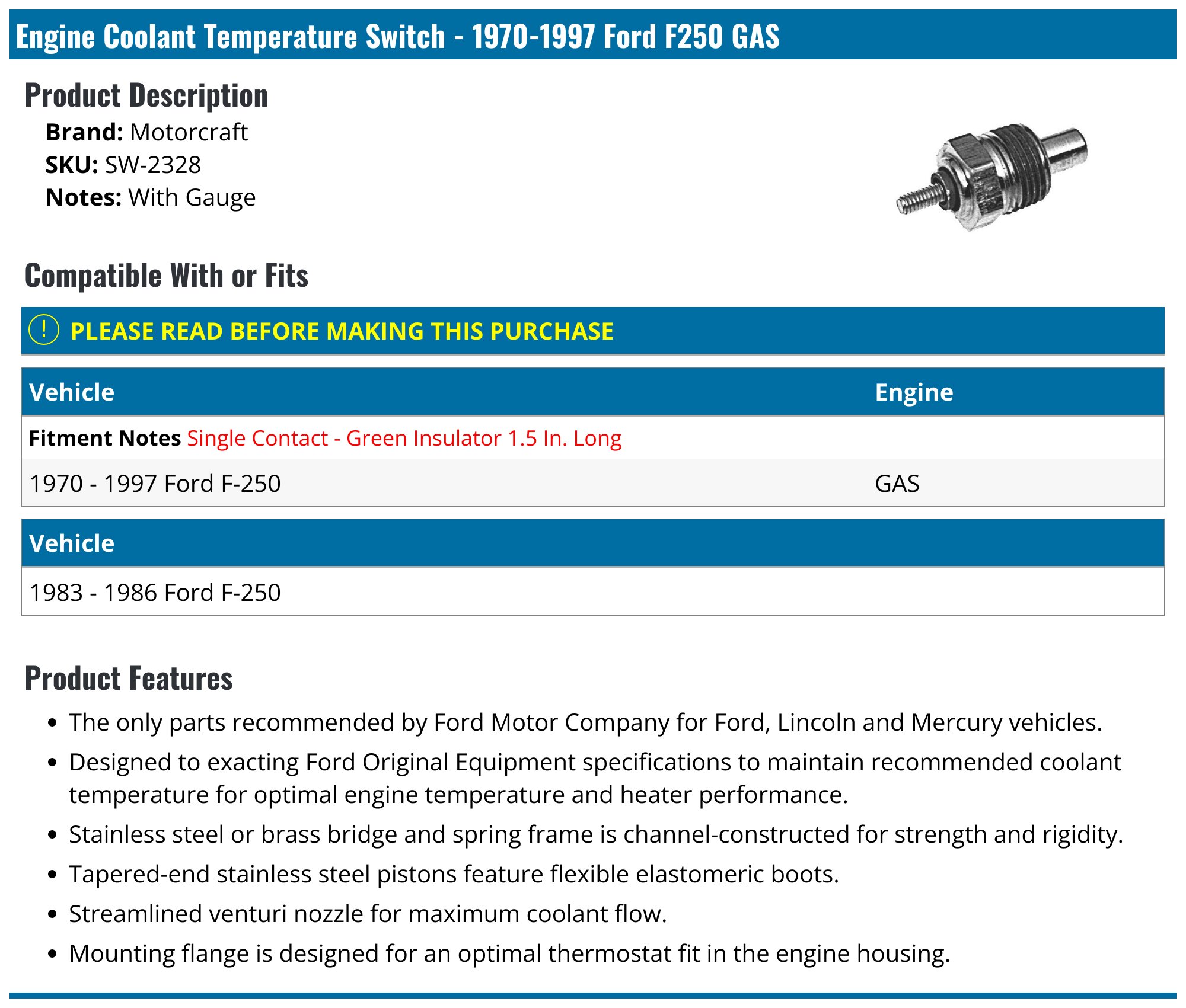 1970-1997 Ford F250 Coolant Temperature Sensor - Motorcraft SW-2328 ...