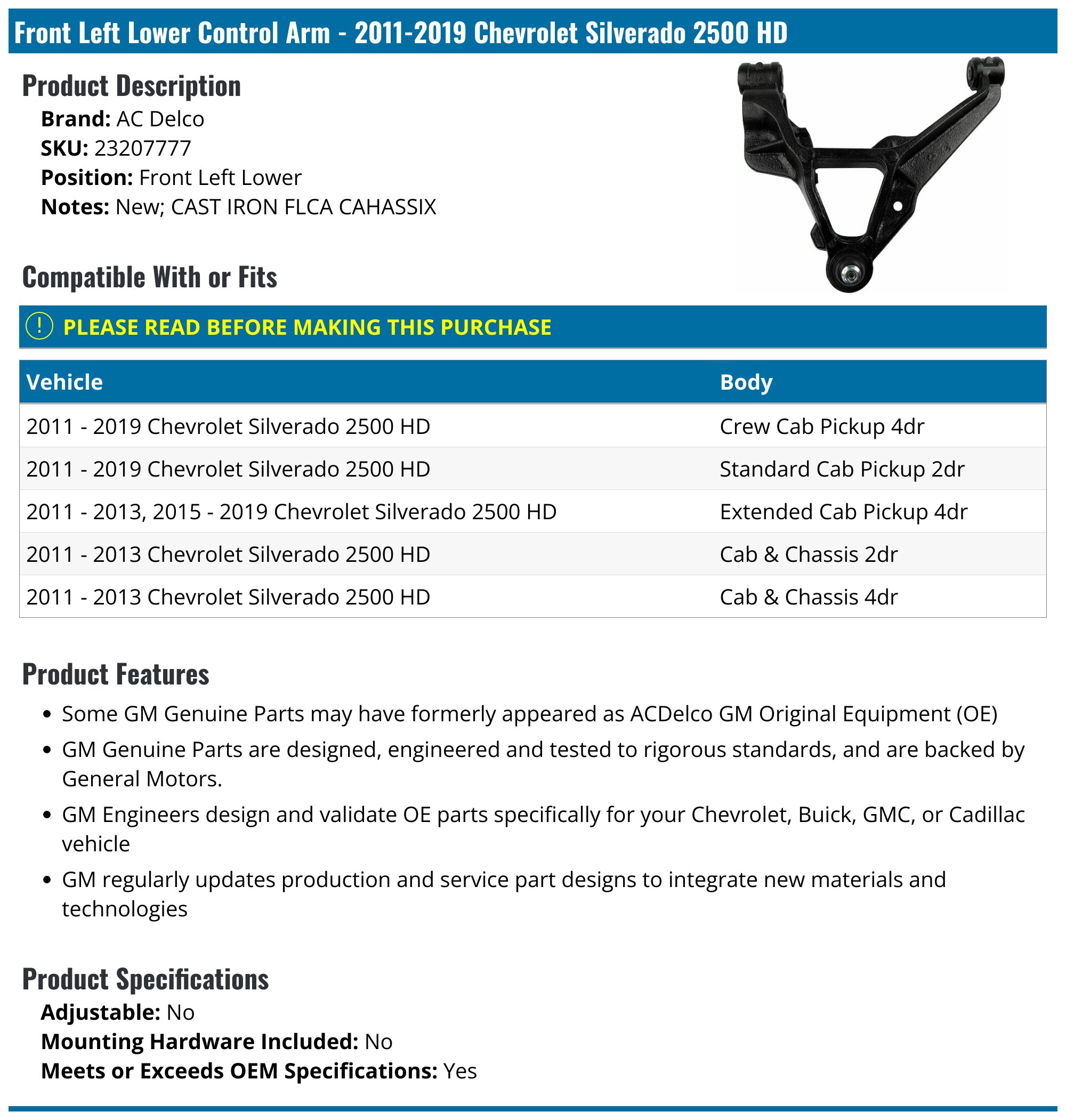 2011-2019 Chevrolet Silverado 2500 HD Control Arm - AC Delco 23207777 ...