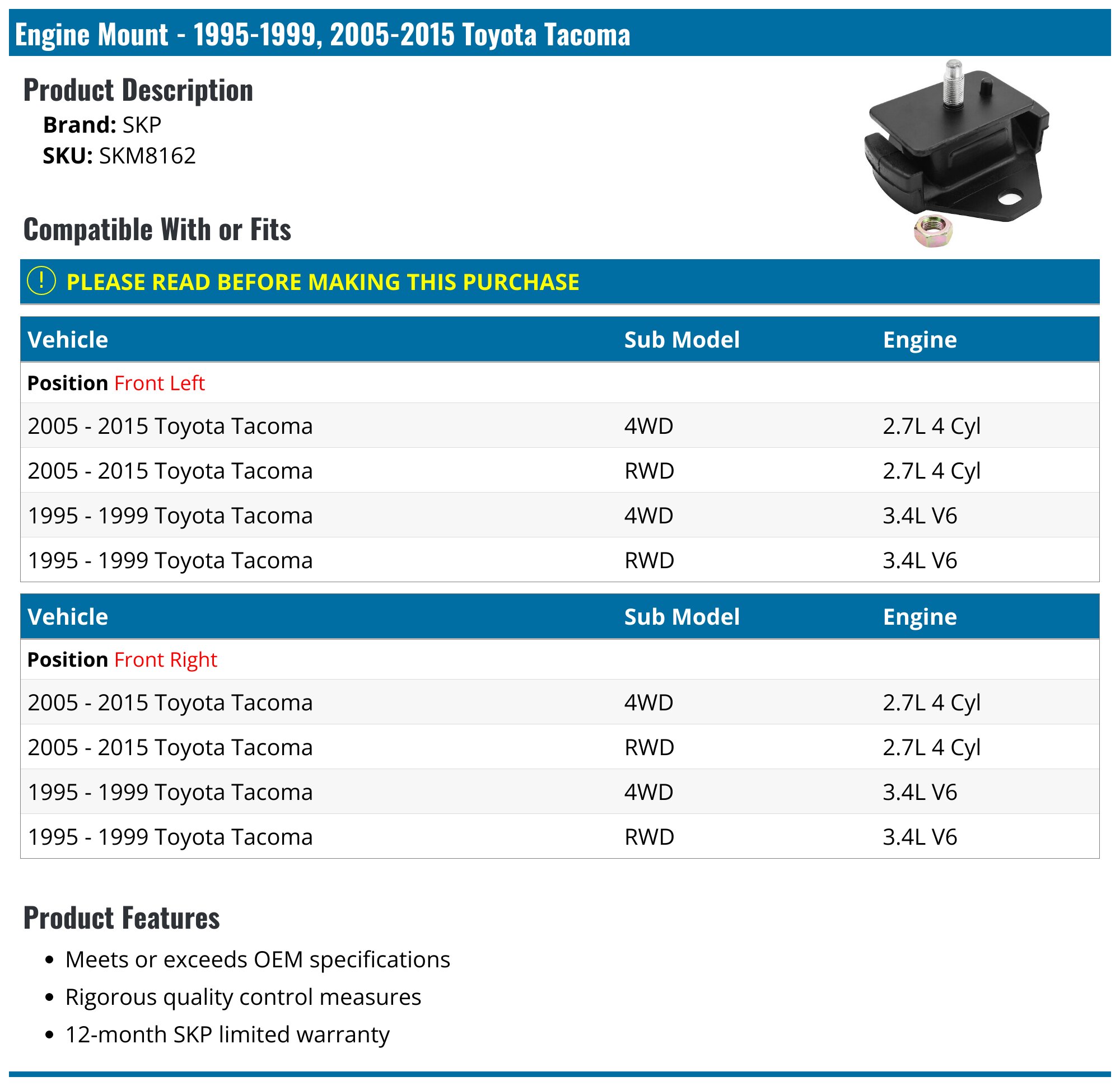 1995-1999, 2005-2015 Toyota Tacoma Engine Mount - SKP SKM8162 - Front ...