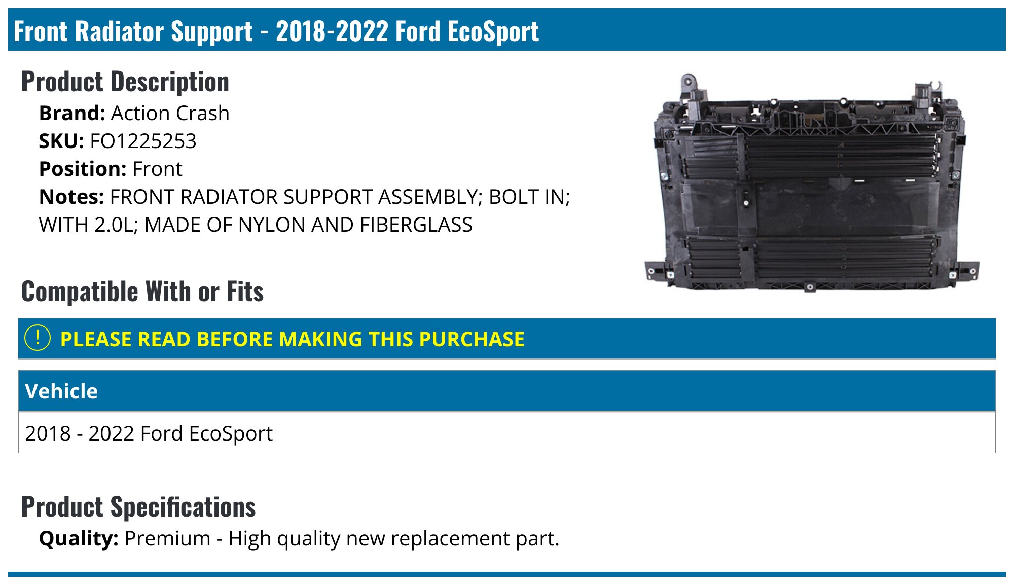 2018-2022 Ford EcoSport Radiator Support - Action Crash FO1225253 ...
