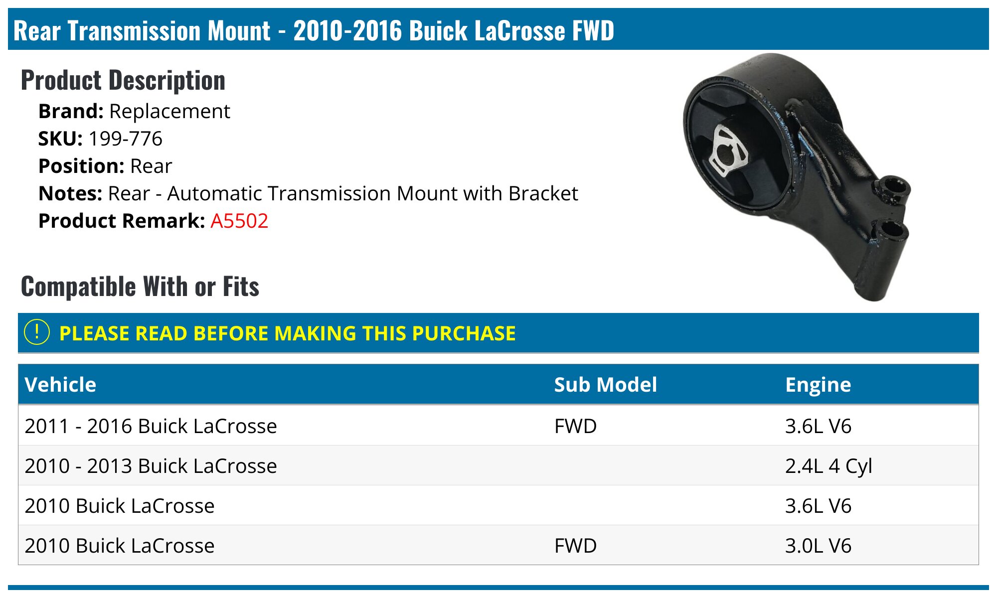 2010-2016 Buick LaCrosse Transmission Mount - Replacement 199-776 ...